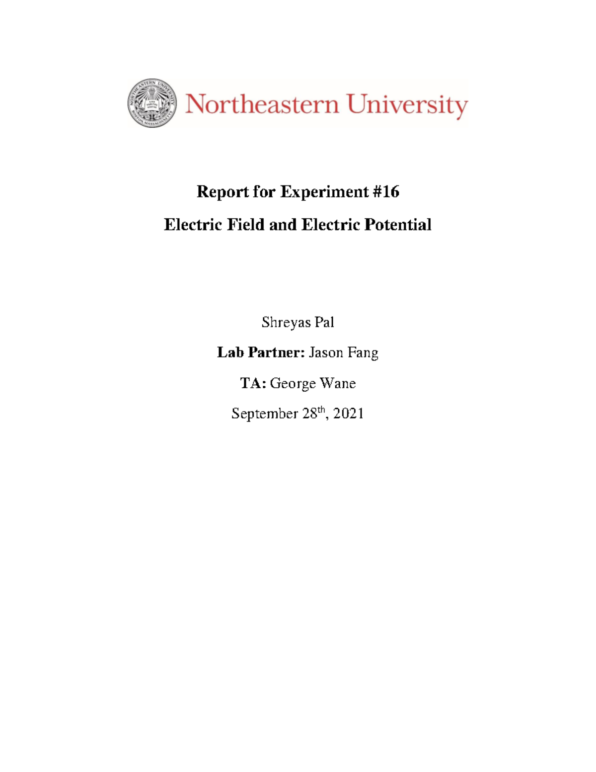 Experiment 16 Lab Report Phys 1155 - Report for Experiment Electric ...