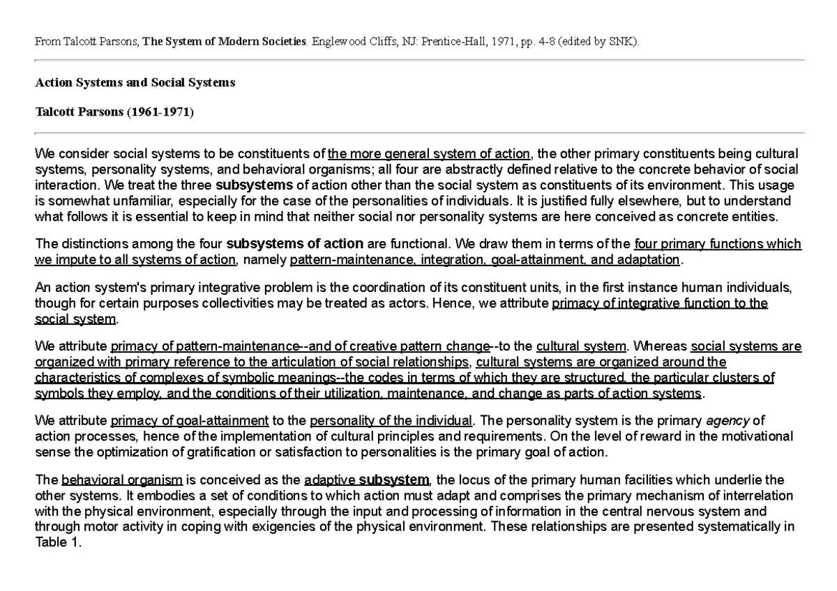 Talcott Parsons Action Systems and Social Systems - From Talcott ...