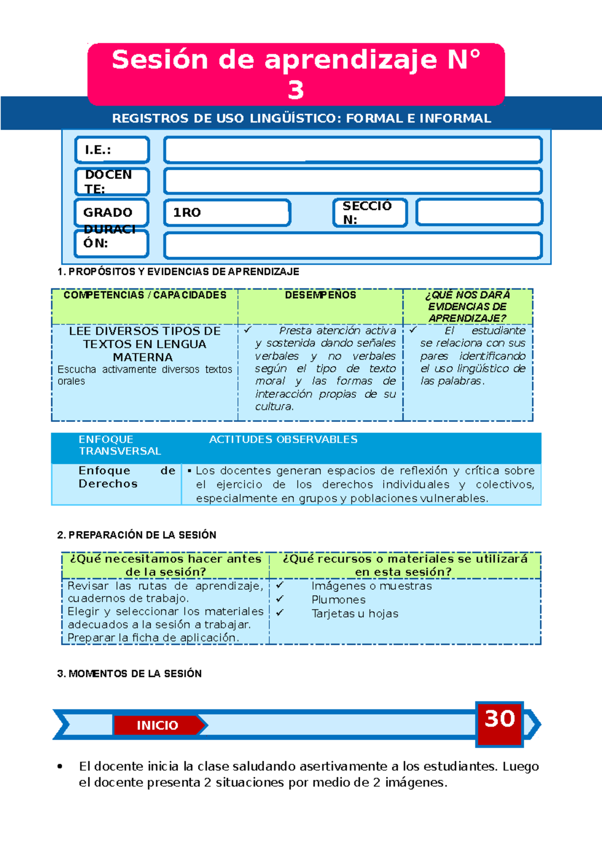 SA 3 - COMU - 1RO SEC - fichas - Sesión de aprendizaje N° 3 I.: DOCEN TE: GRADO SECCIÓ N: DURACI ...