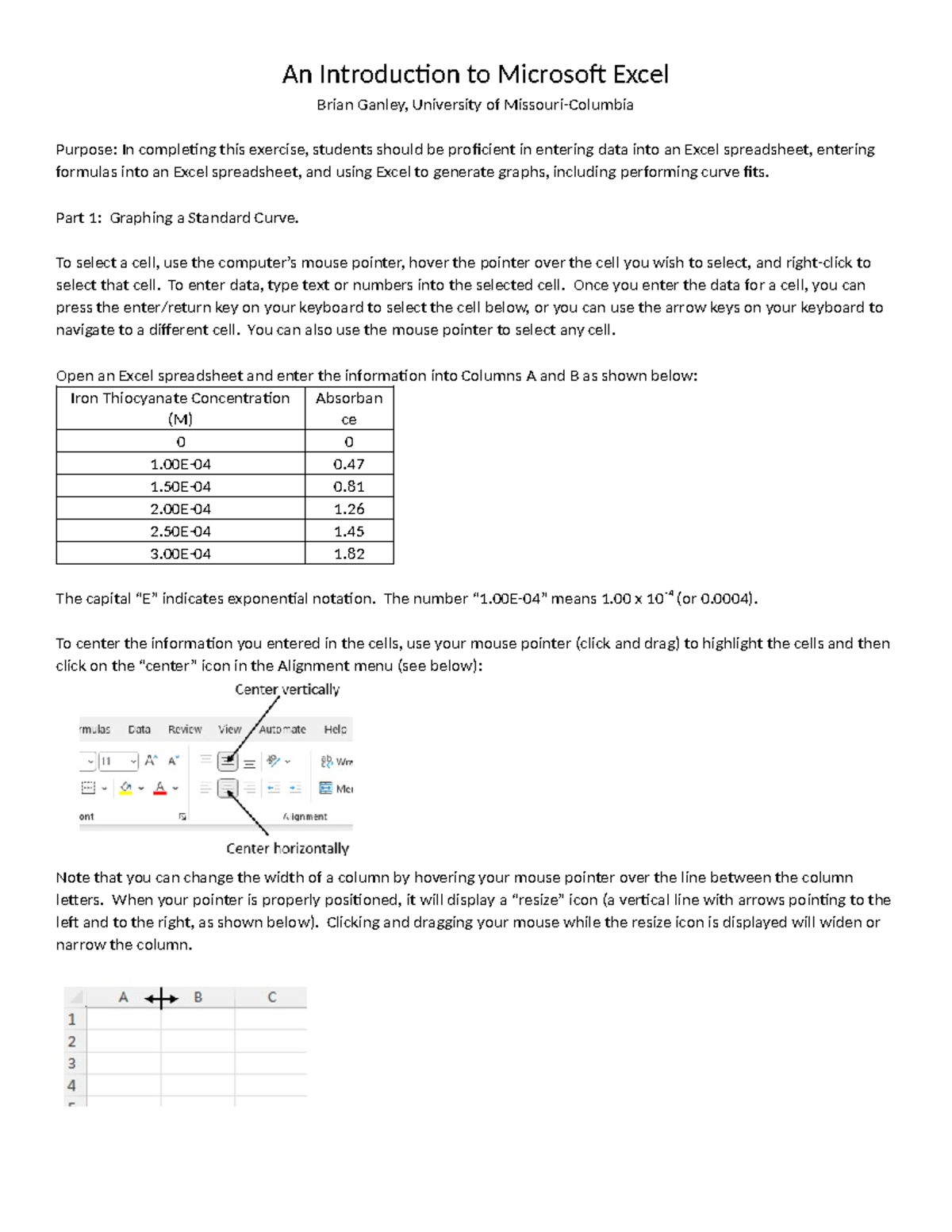 Excel lab - An Introduction to Microsoft Excel Brian Ganley, University ...