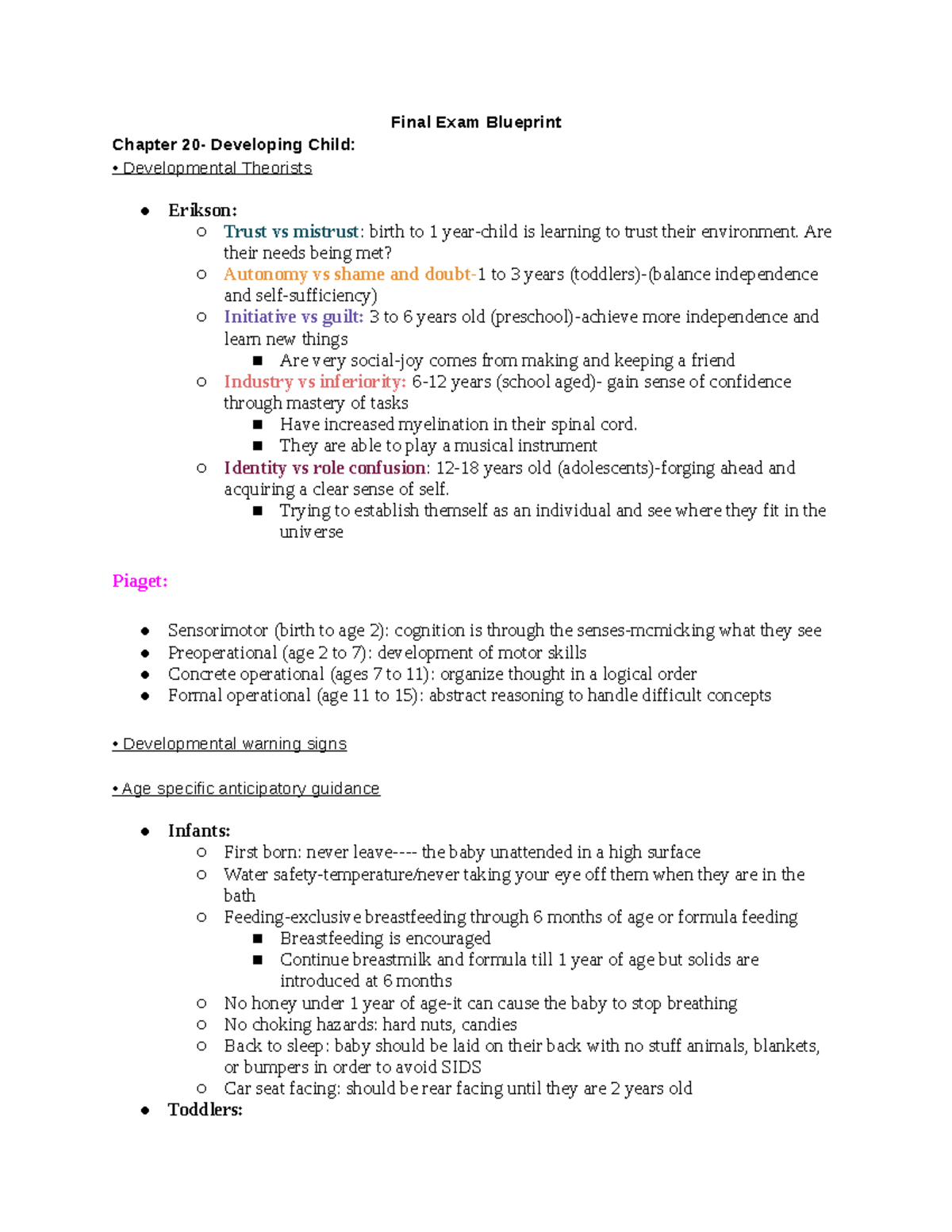 Peds Final blueprint - Final Exam Blueprint Chapter 20- Developing ...