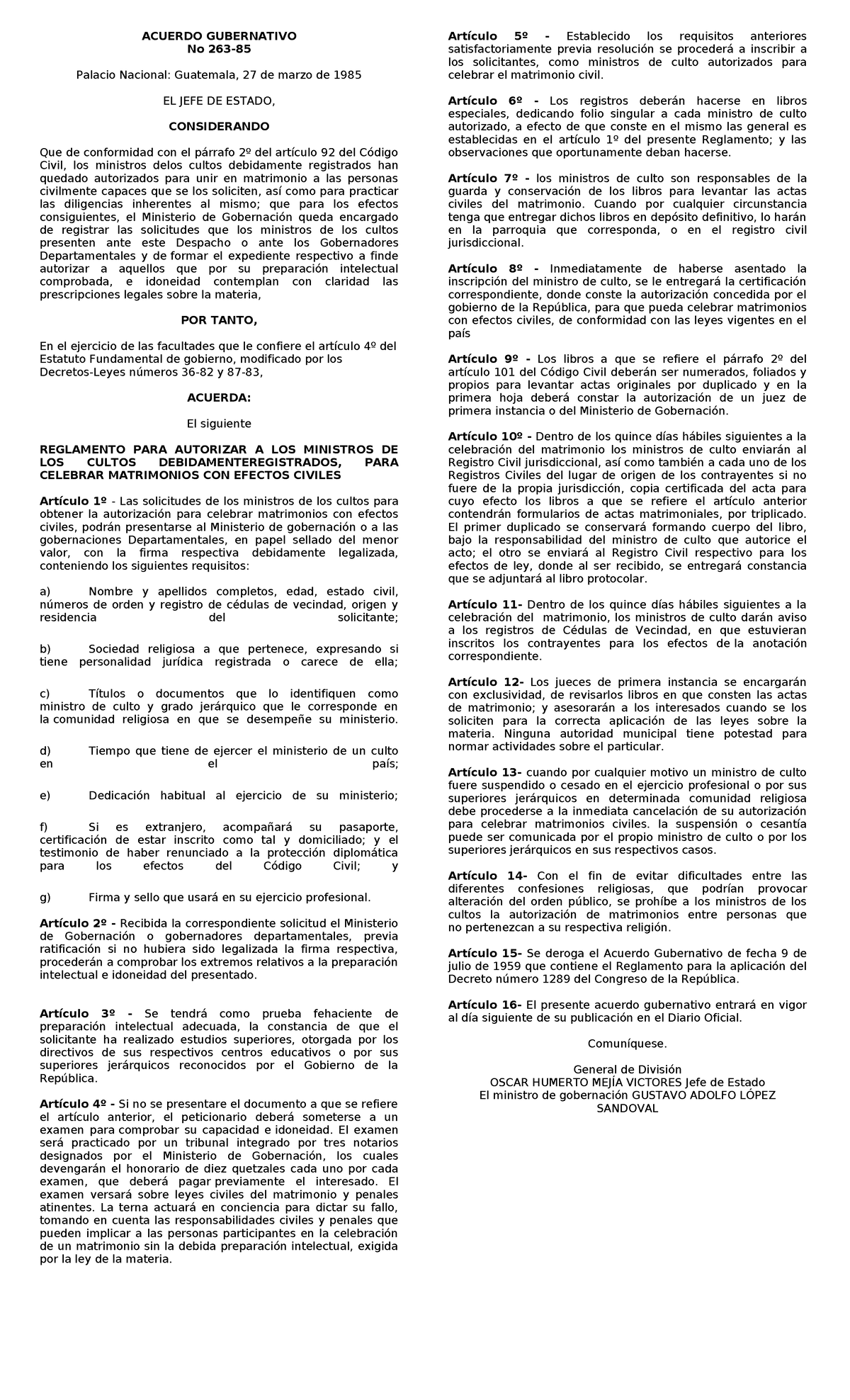 Acuerdo Gubernativo - ACUERDO GUBERNATIVO No 263- Palacio Nacional: Guatemala, 27 de marzo de ...