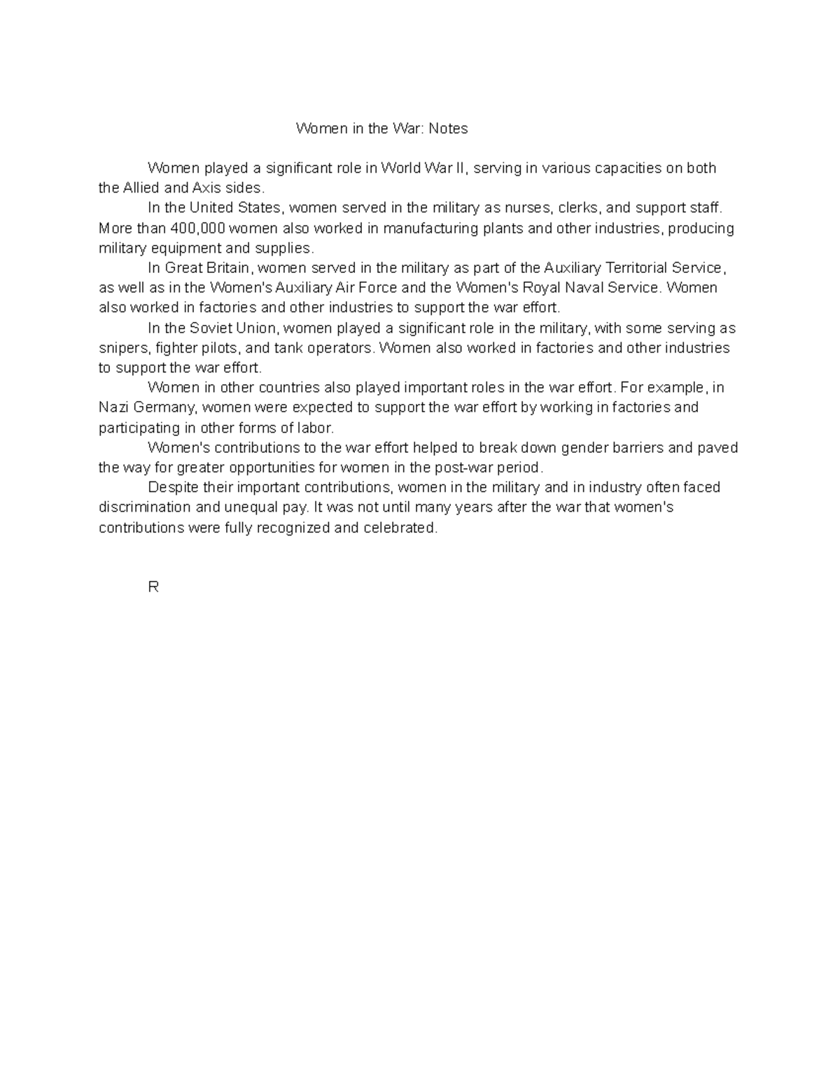 Women in the War notes - Women in the War: Notes Women played a ...