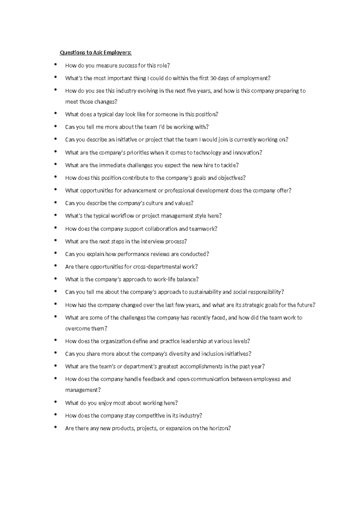 Questions to Ask Employers - Studocu