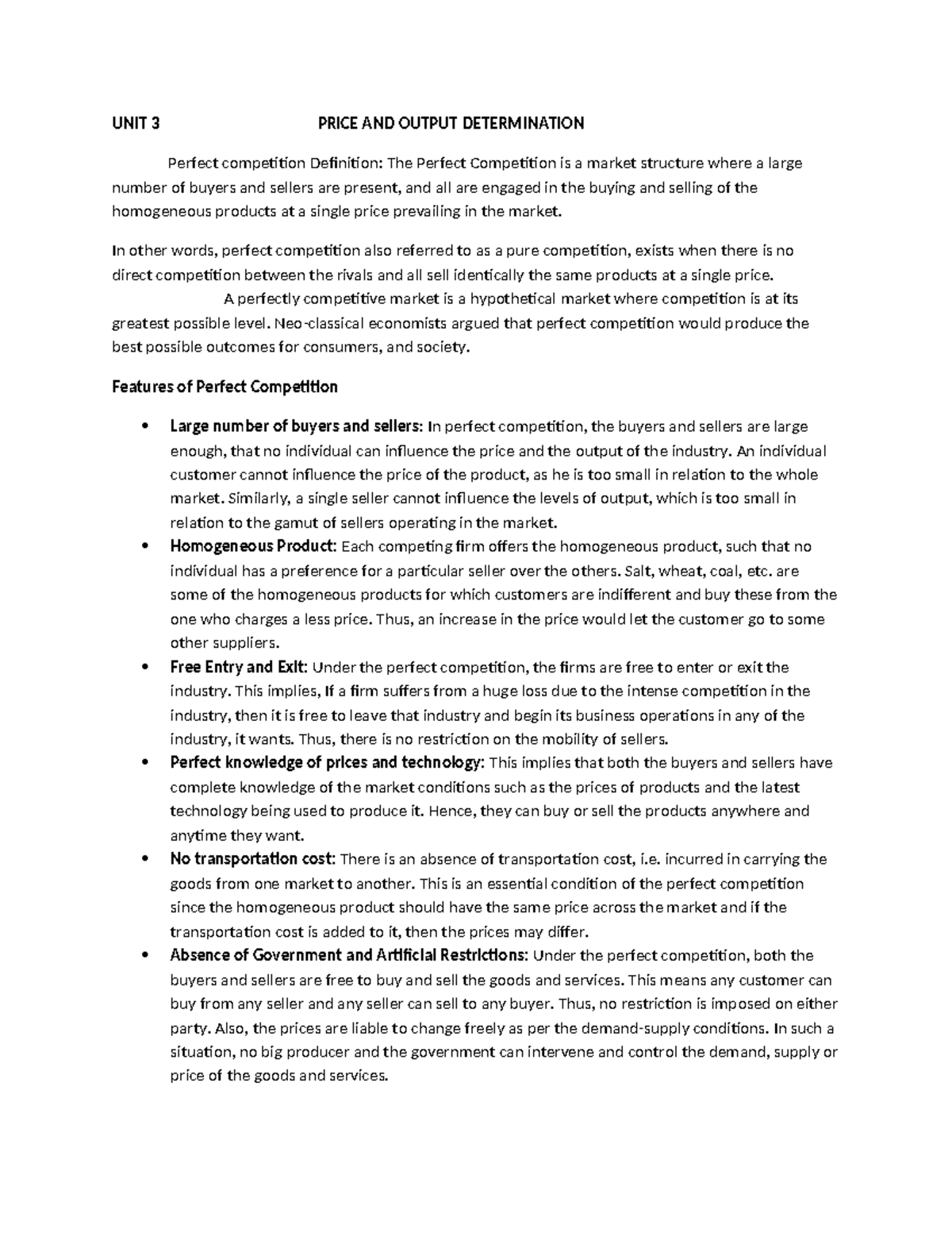 production and out put determination - UNIT 3 PRICE AND OUTPUT DETERMINATION Perfect competition ...