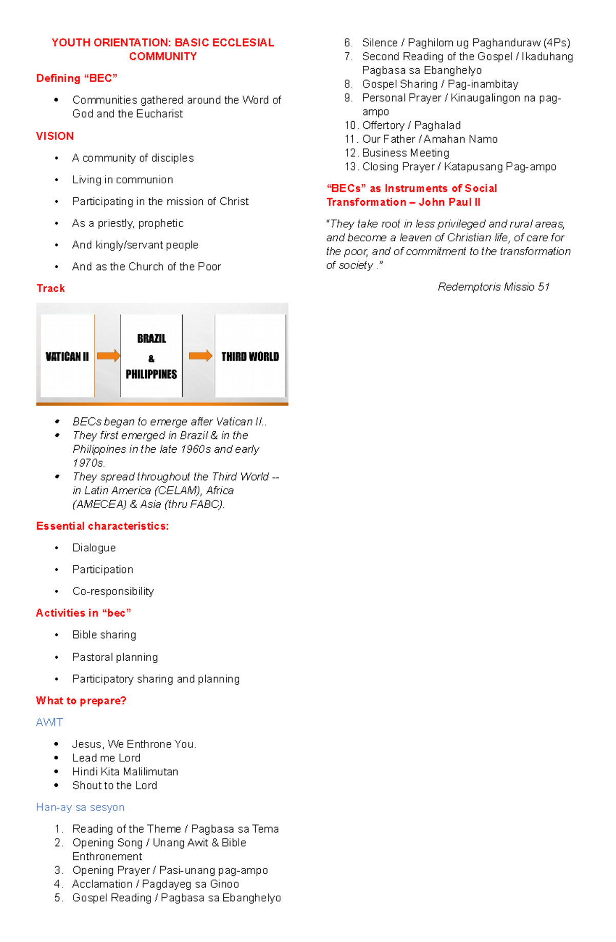 RS: Basic ecclesial community Handouts - YOUTH ORIENTATION: BASIC ...