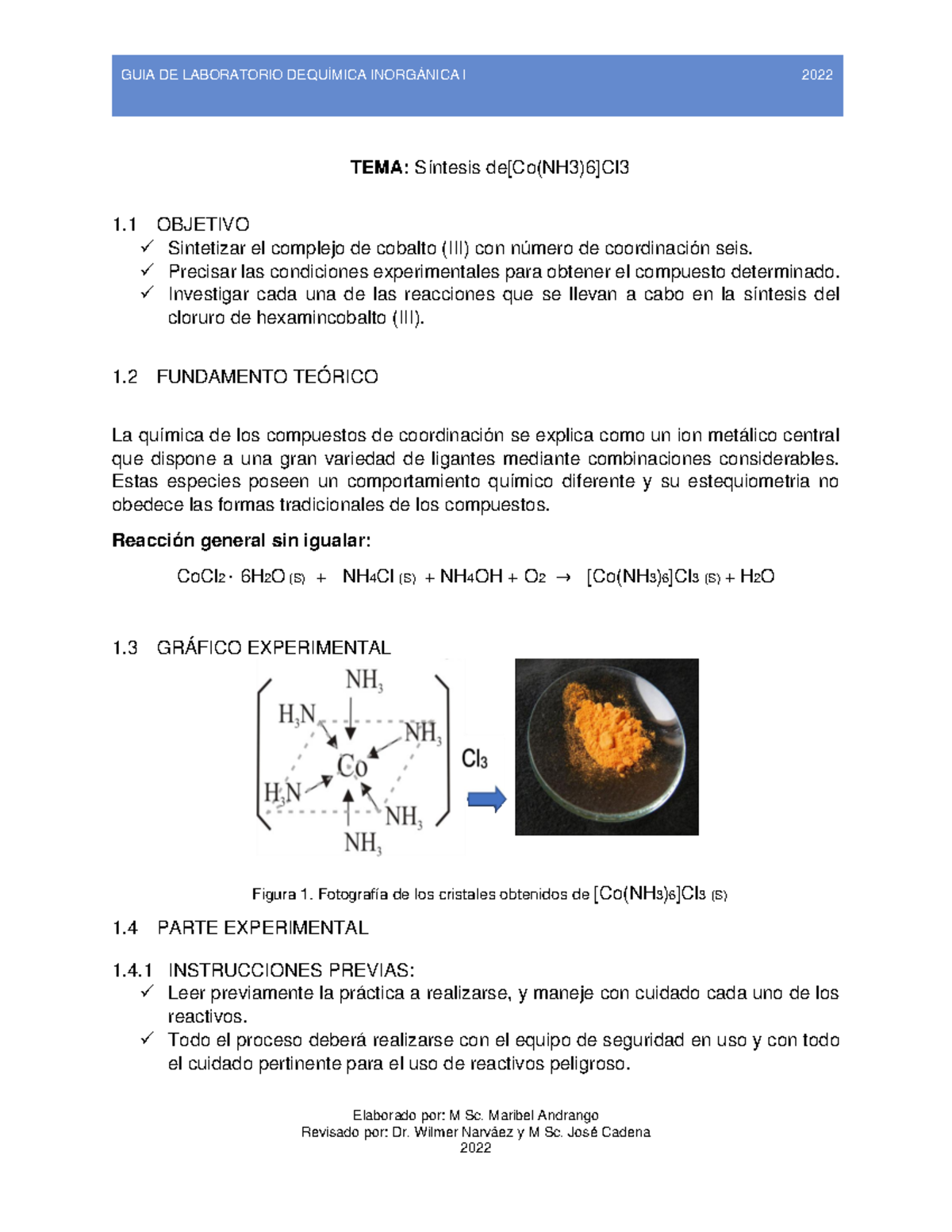 Guía Síntesis de[Co(NH3)6]Cl3 - GUIA DE LABORATORIO DEQUÍMICA ...