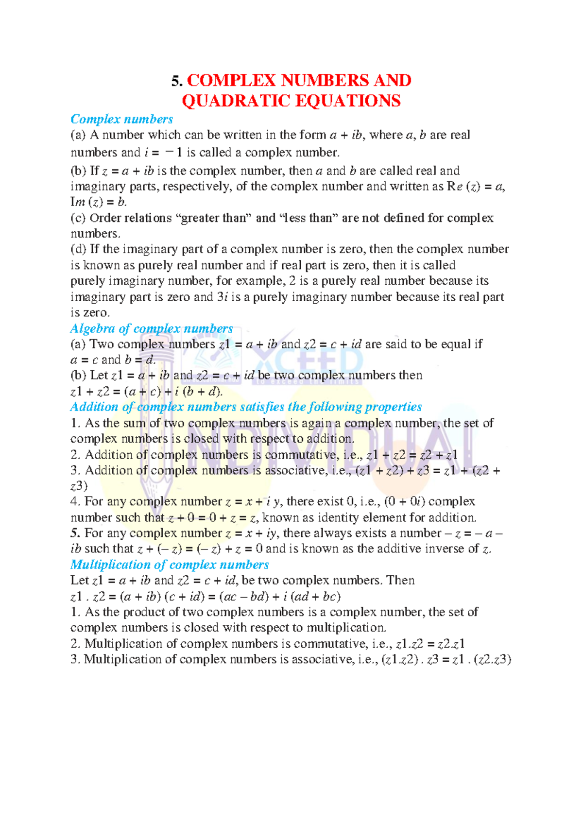 4. Short notes - 5. COMPLEX NUMBERS AND QUADRATIC EQUATIONS Complex ...