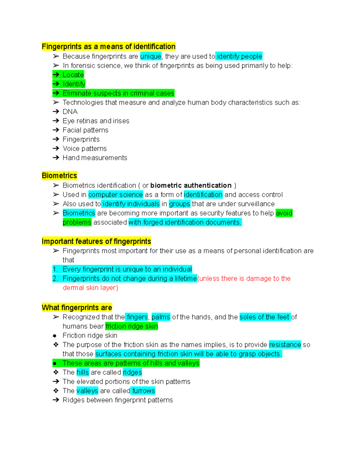 Forensic science notes - Fingerprints as a means of identification ...