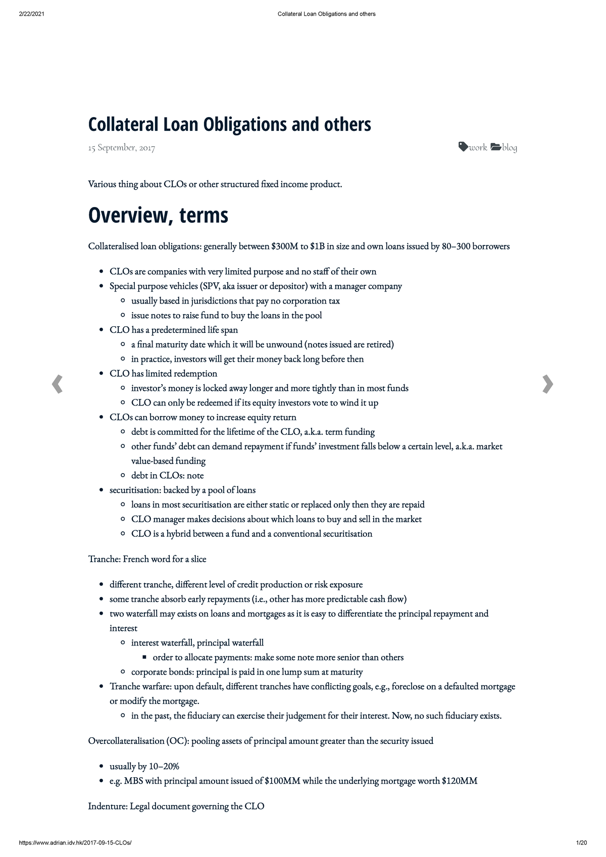 CLO summary bullet points - work blog Collateral Loan Obligations and others 15 September, 2017 ...