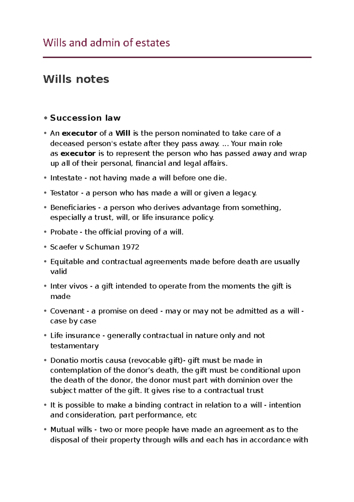 Wills Notes - Wills and admin of estates Wills notes Succession law An ...