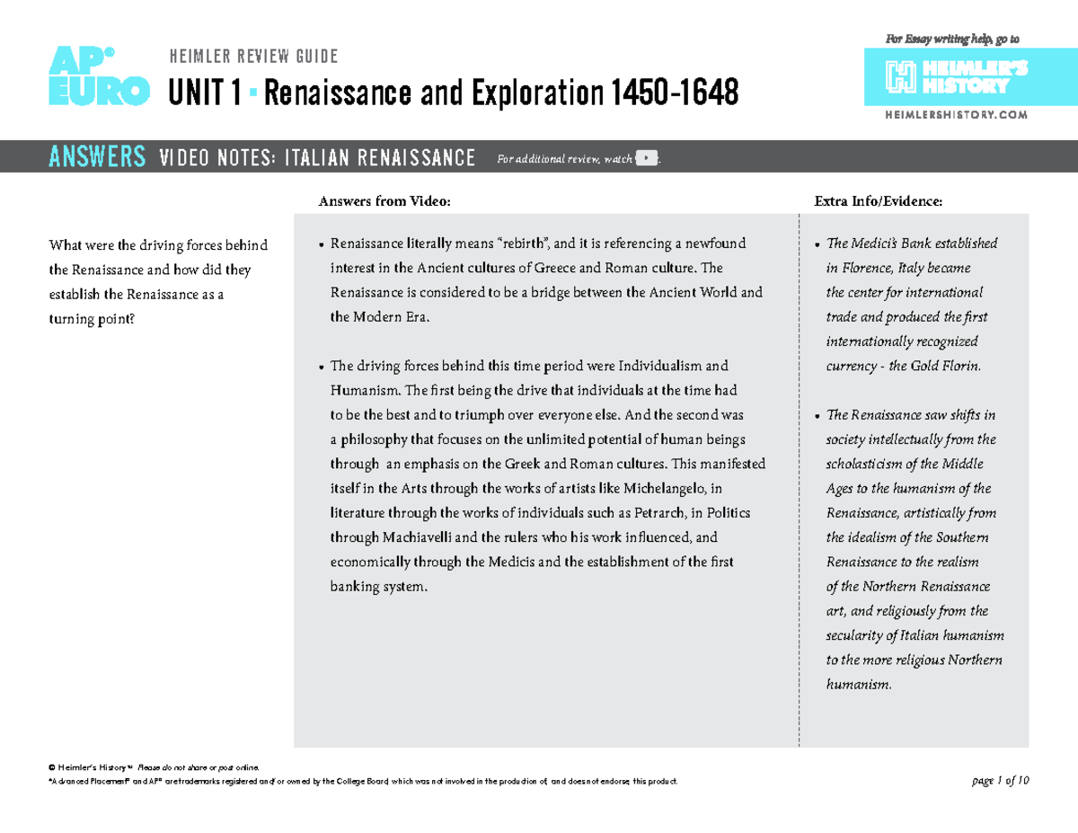 AP EURO HRG Unit 1 Noteguide Answers - © Heimler’s History TM Please do ...