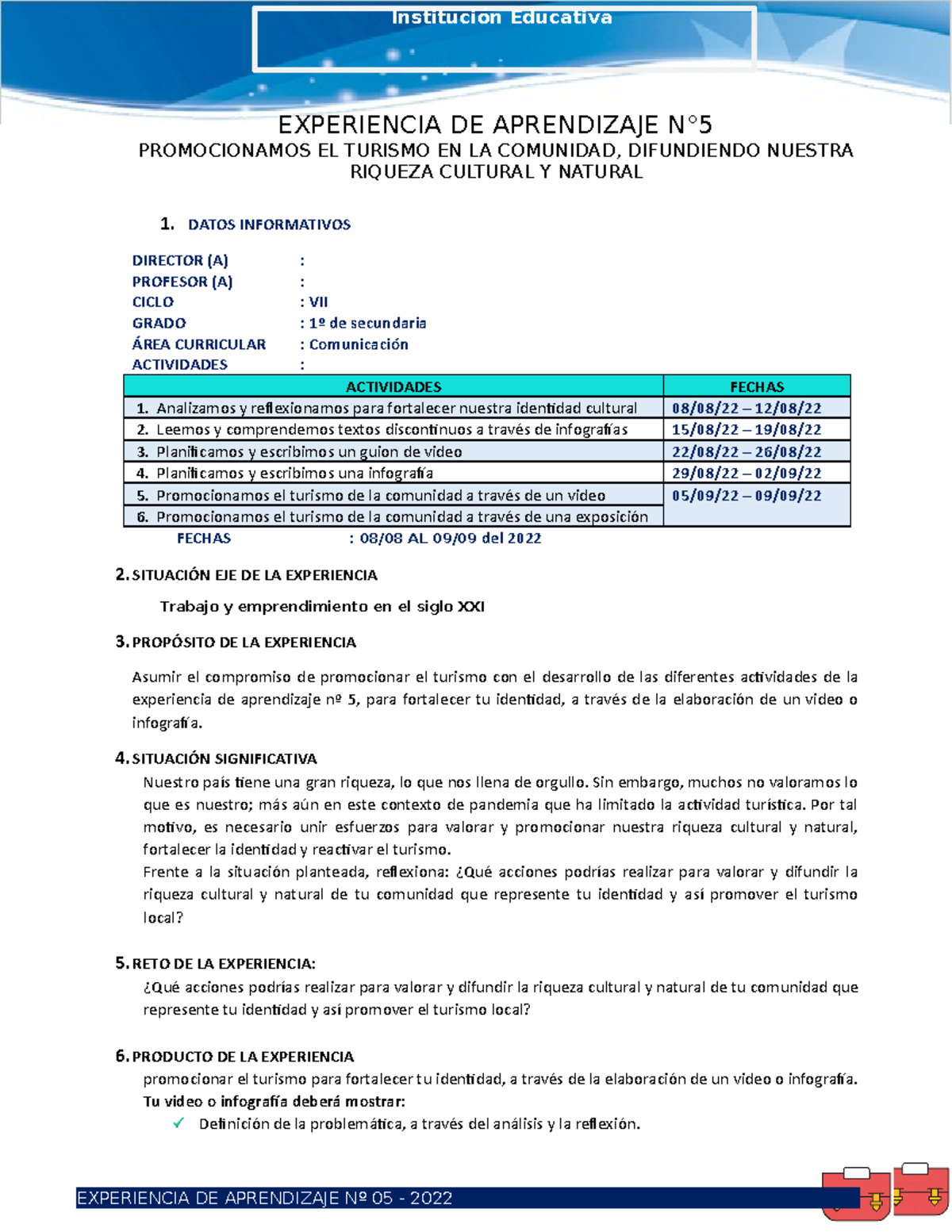1º EDA 5 A COMU - 2022 Urbano - EXPERIENCIA DE APRENDIZAJE N° PROMOCIONAMOS EL TURISMO EN LA ...