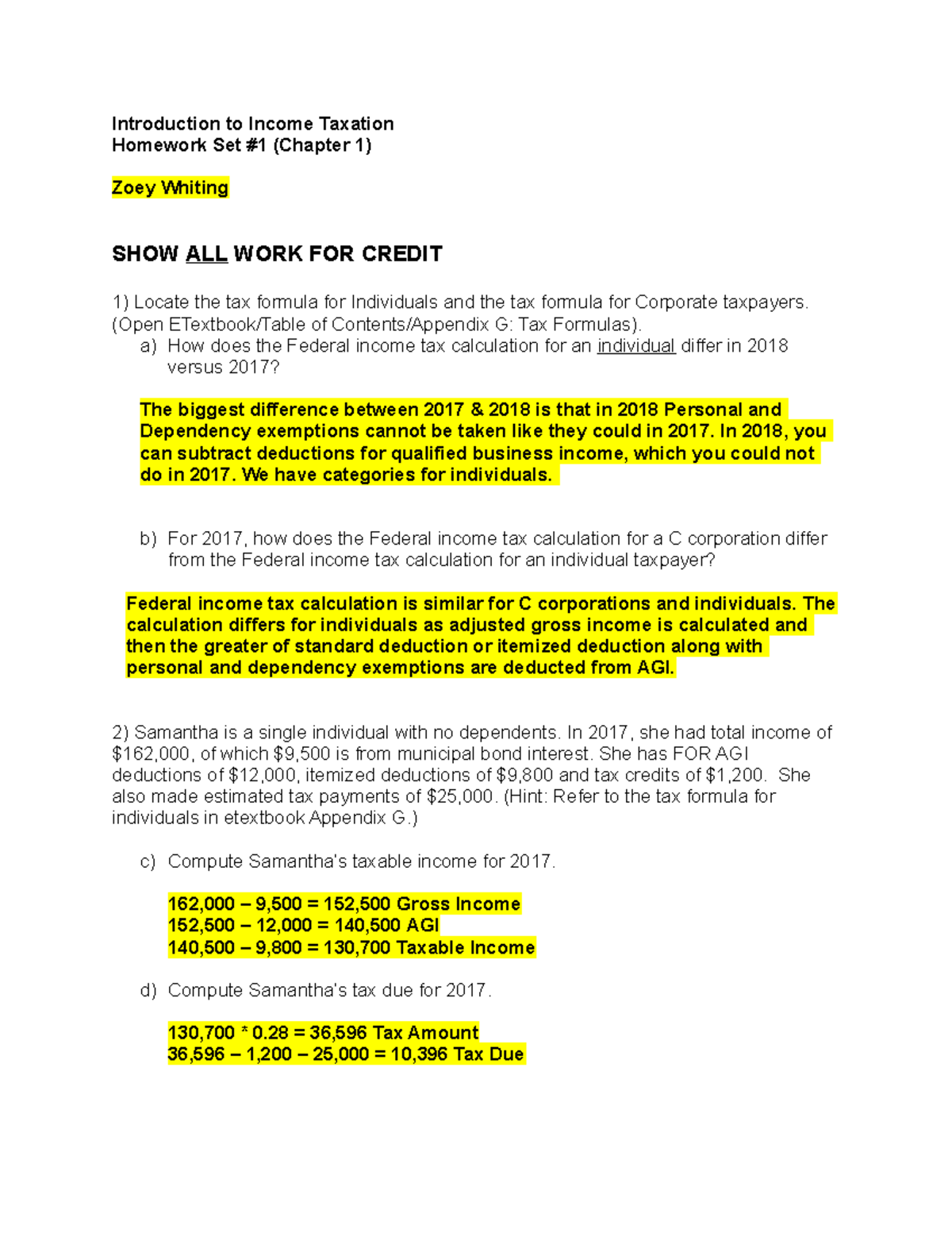 Homework Set # 1 - Introduction to Income Taxation Homework Set ...