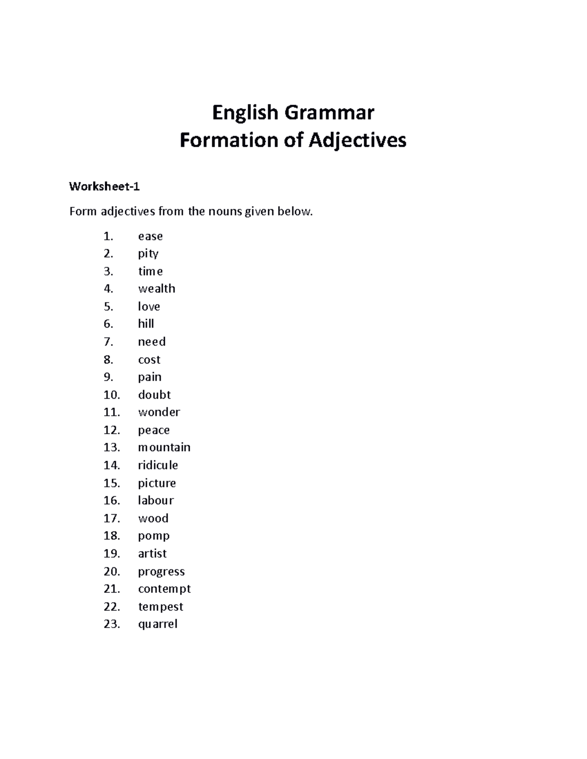 Adjectives - English Grammar Formation of Adjectives Worksheet- Form ...
