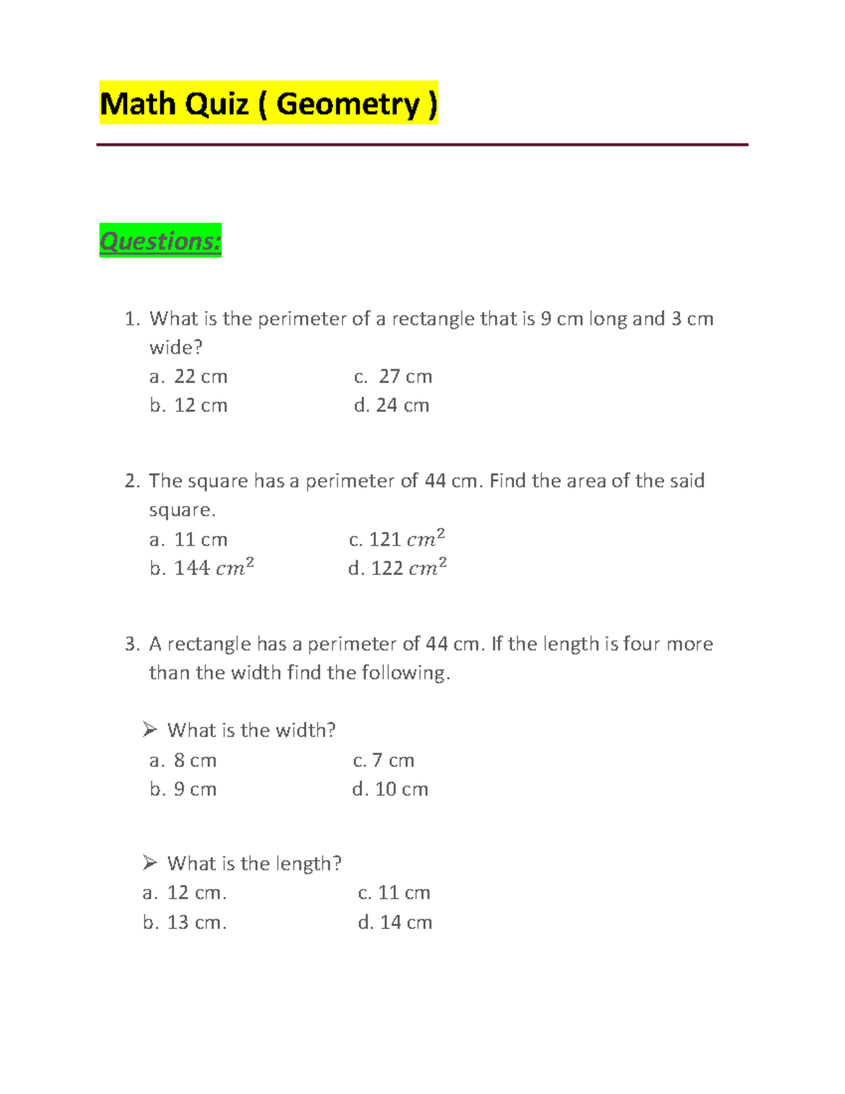 Sample quiz geometry - Math Quiz ( Geometry ) Questions: What is the ...
