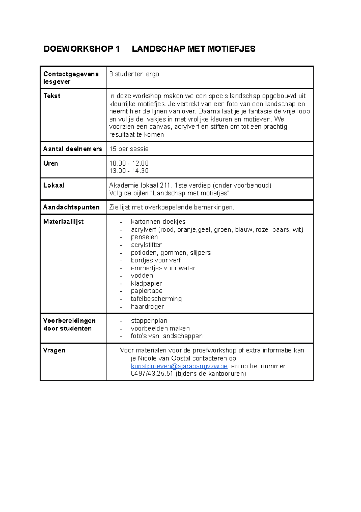 Infofiches workshops - info scharabangfestival creatieve technische ...