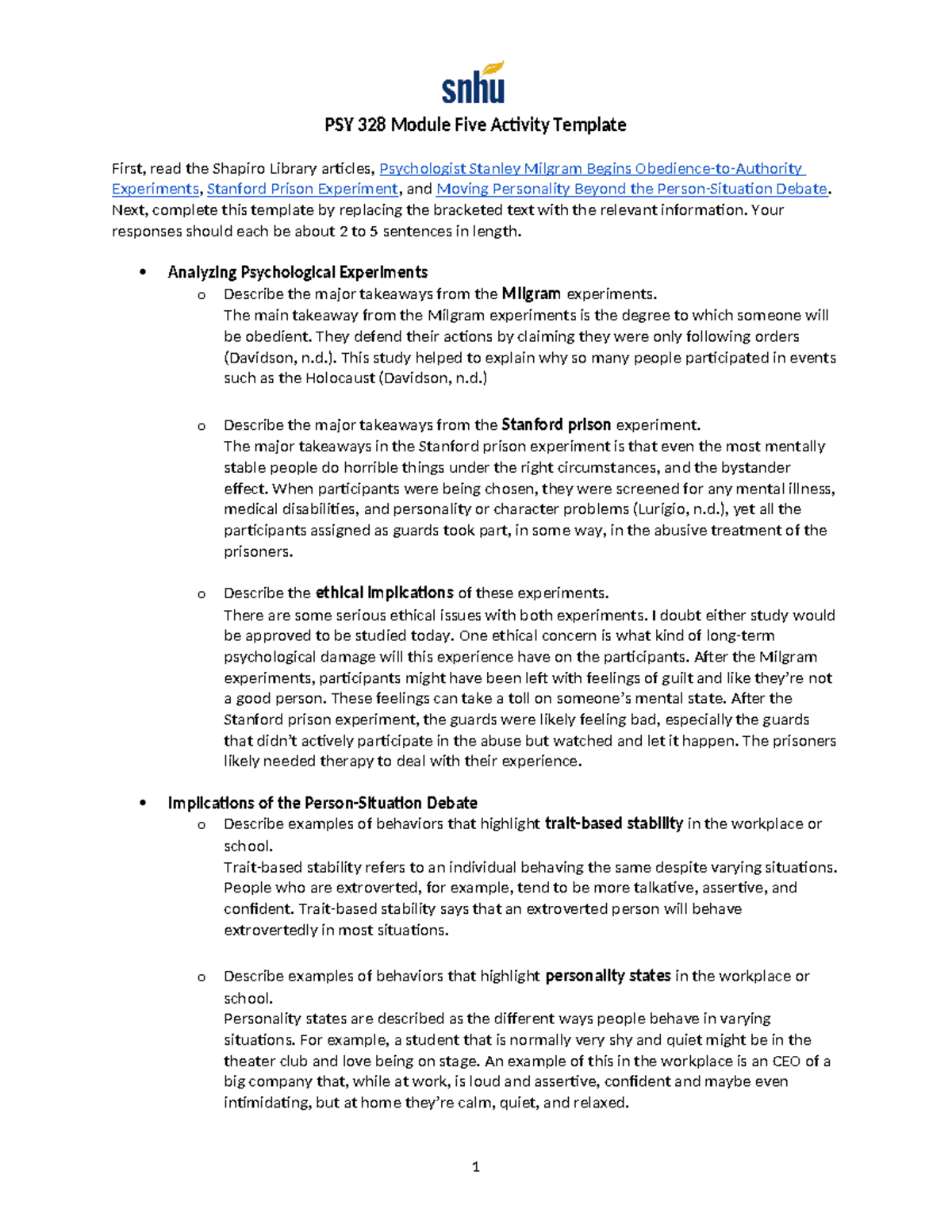 PSY 328 Module Five Activity Template - PSY 328 Module Five Activity Template First, read the ...