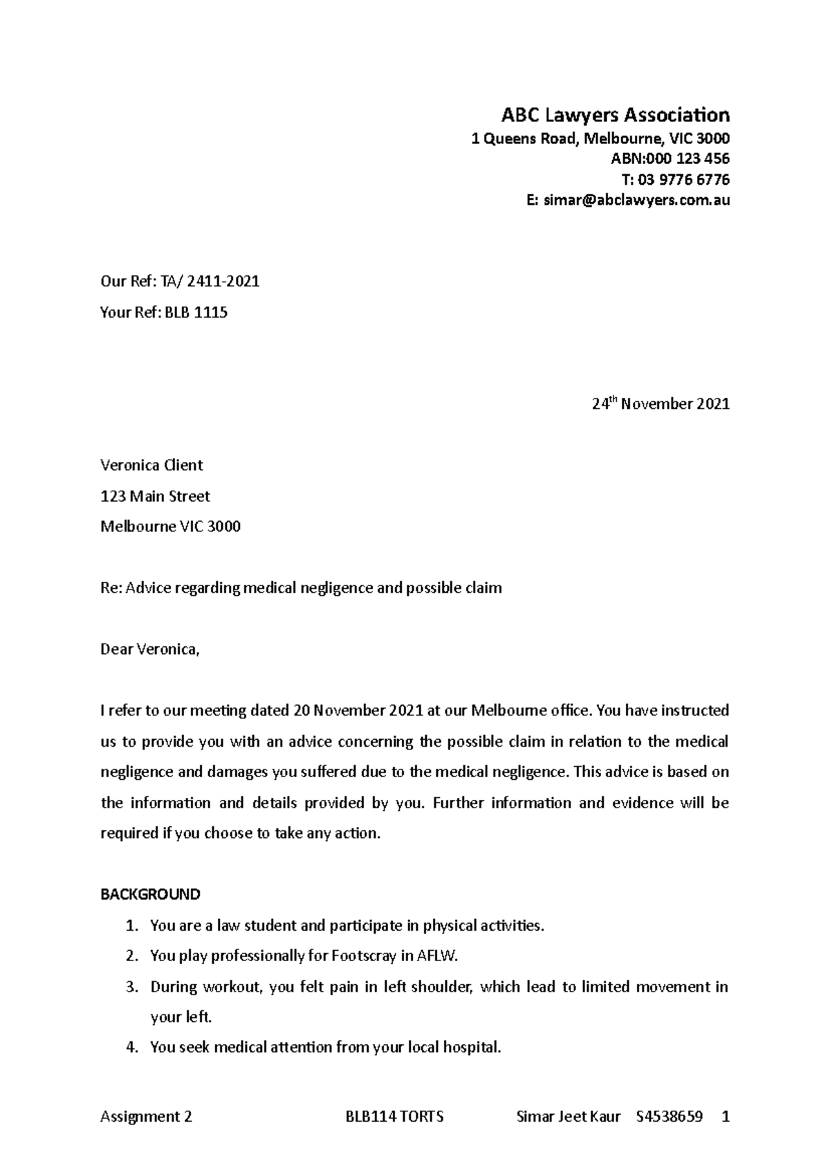 Legal Research Methods BLB1114 Letter of Advice - ABC Lawyers ...