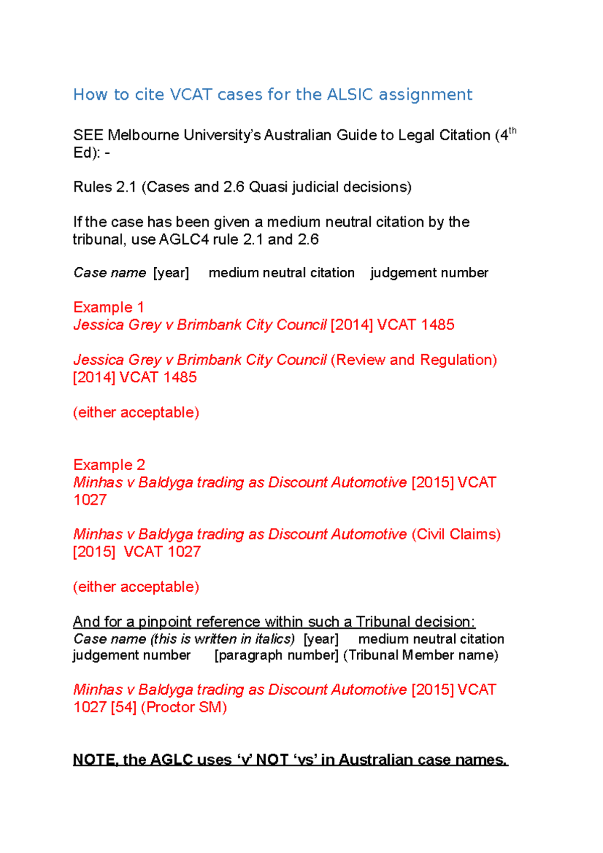 How to cite VCAT cases for the Alsic assignment - BLB1101 - VU - Studocu