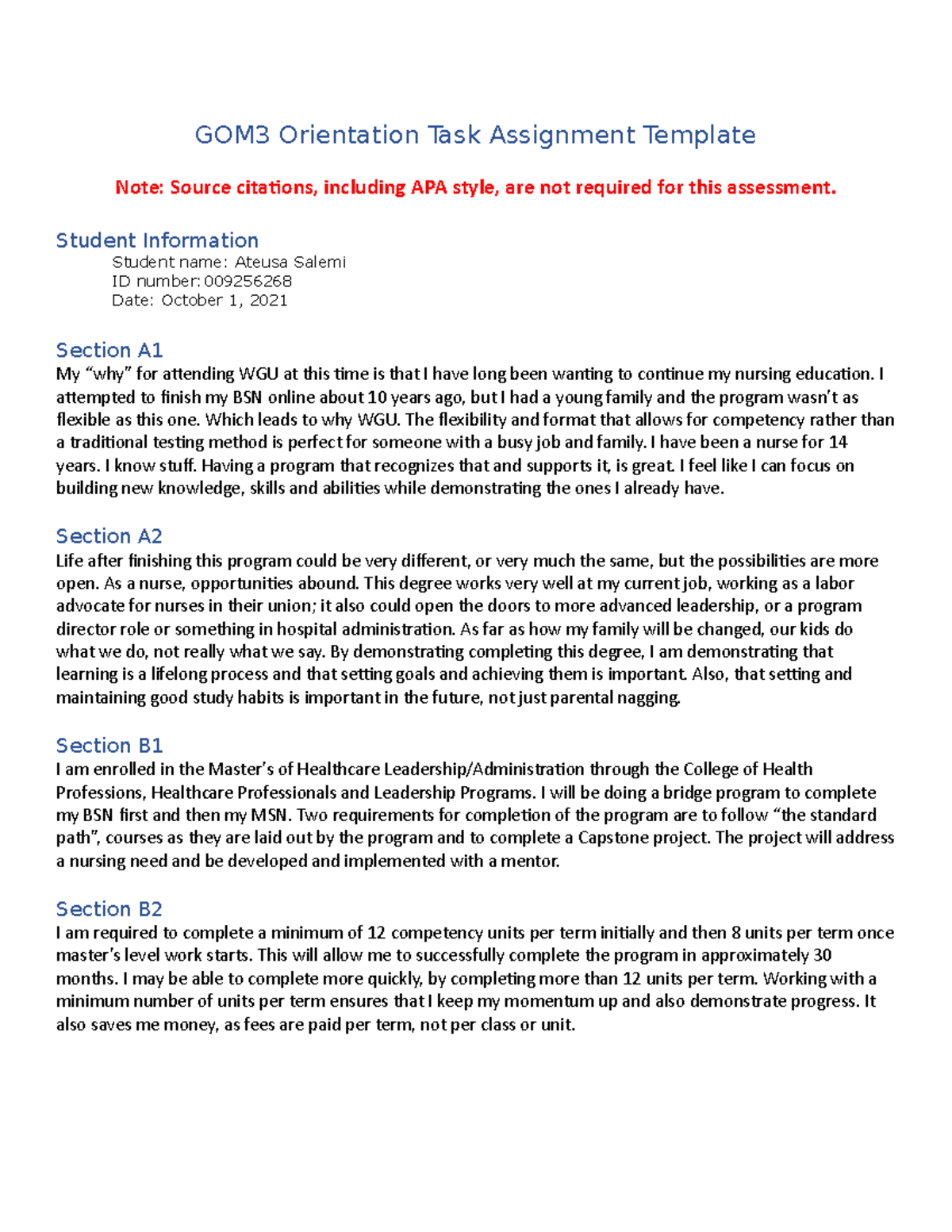 Orientation Performance Assessment Salemi - GOM3 Orientation Task Assignment Template Note ...