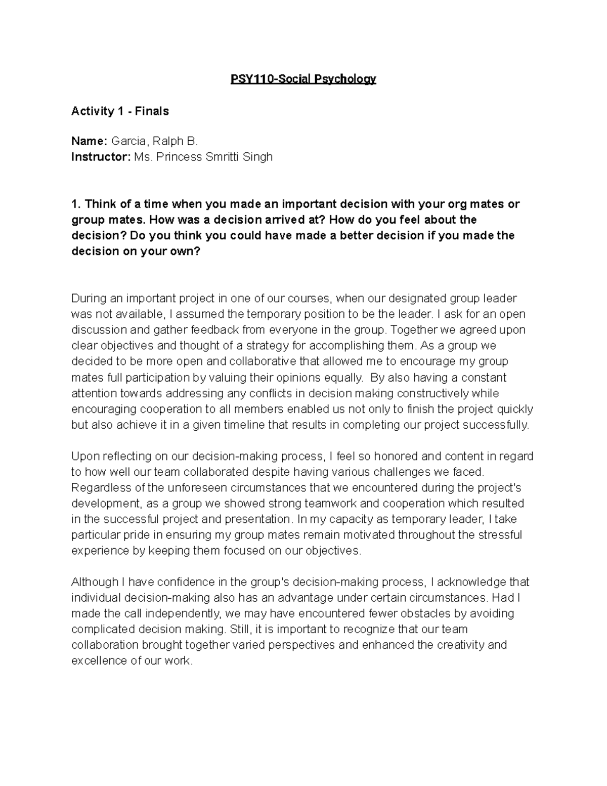 Activity 1 - Finals (PSY110-Social Psychology) - PSY110-Social ...