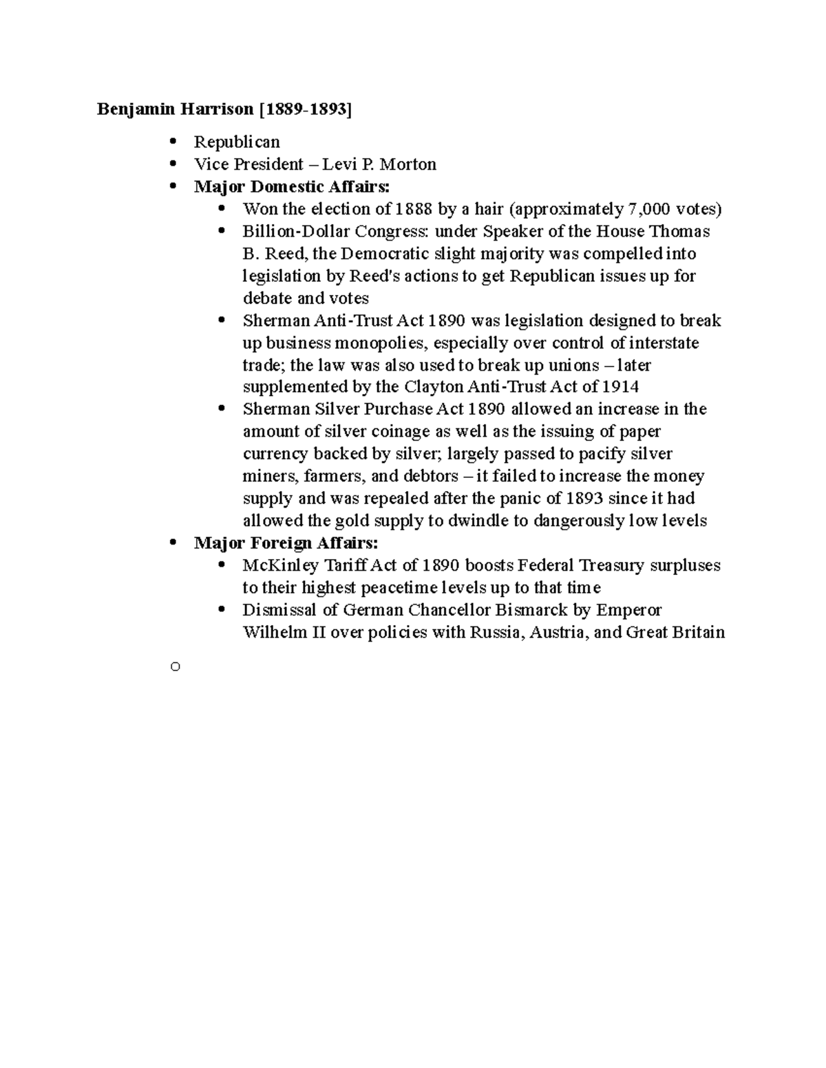 Benjamin Harrison - Morton Major Domestic Affairs: Won the election of ...