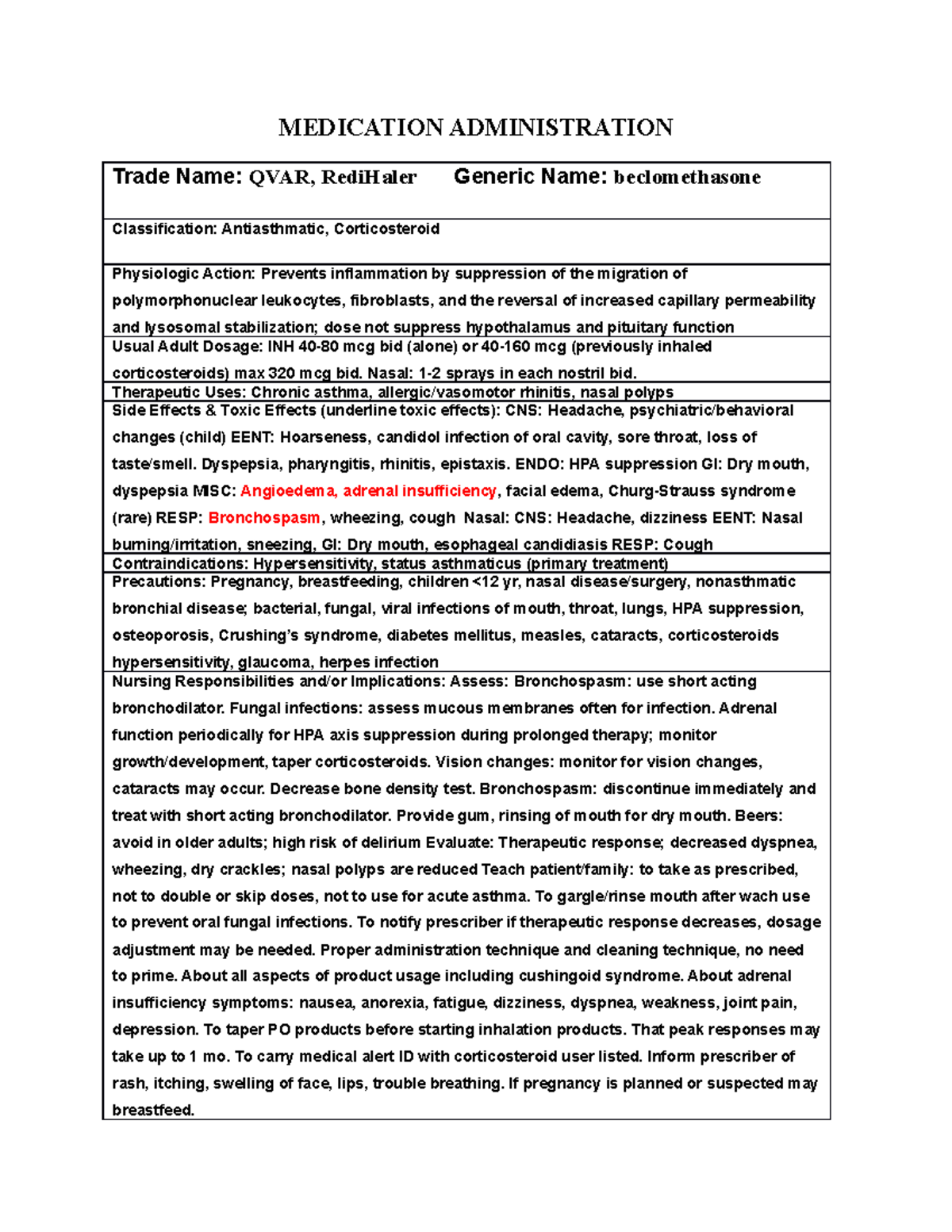 Beclomethasone - Drug card - MEDICATION ADMINISTRATION Trade Name: QVAR ...