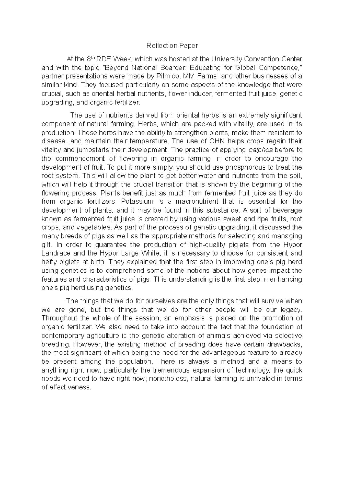 Document-seminar - Reflection Paper At the 8th RDE Week, which was ...