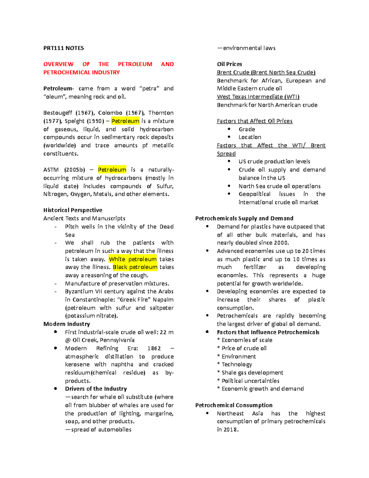 PRT Notes - PRT111 NOTES OVERVIEW OF THE PETROLEUM AND PETROCHEMICAL ...