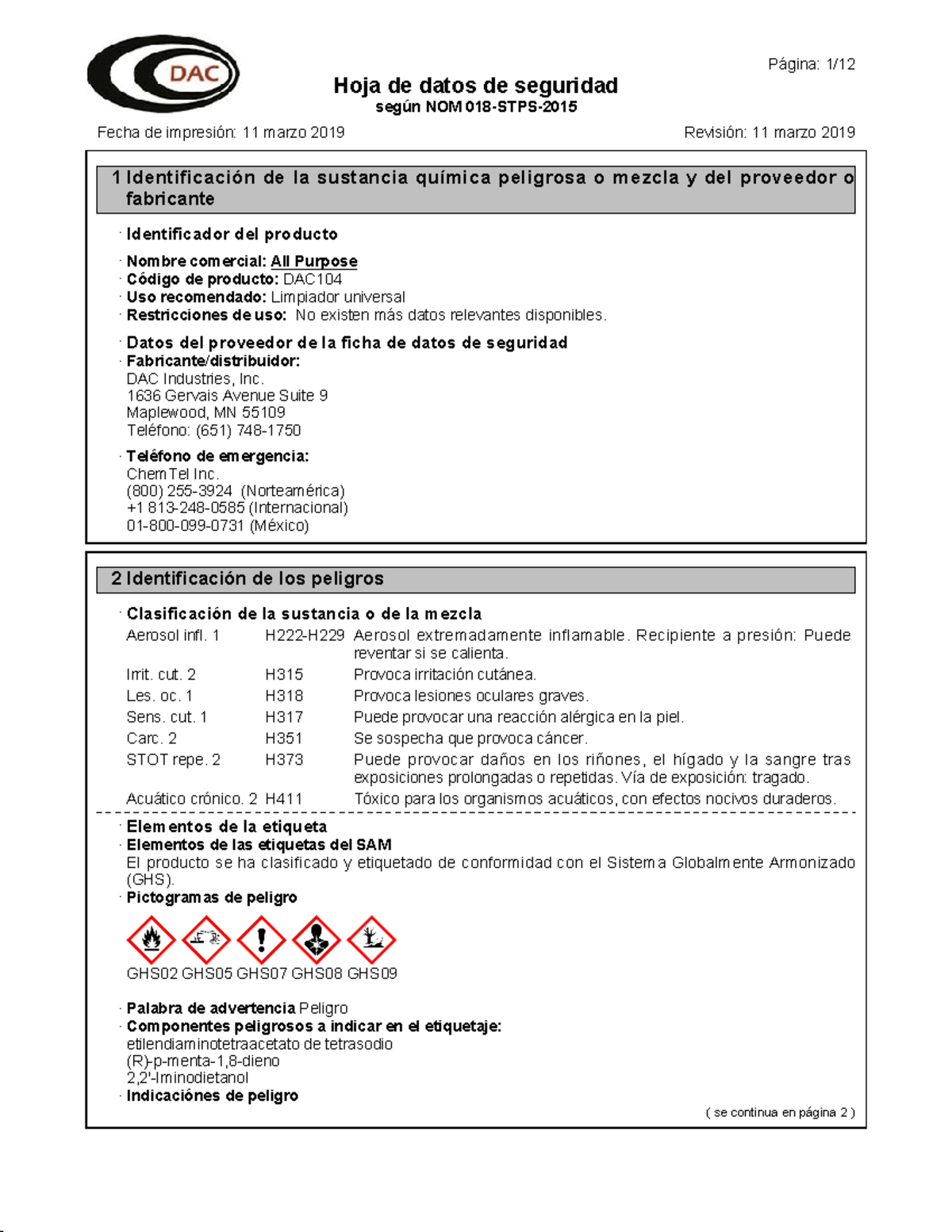 All Purpose DAC 104 Mexico - Hoja de datos de seguridad según NOM 018 ...