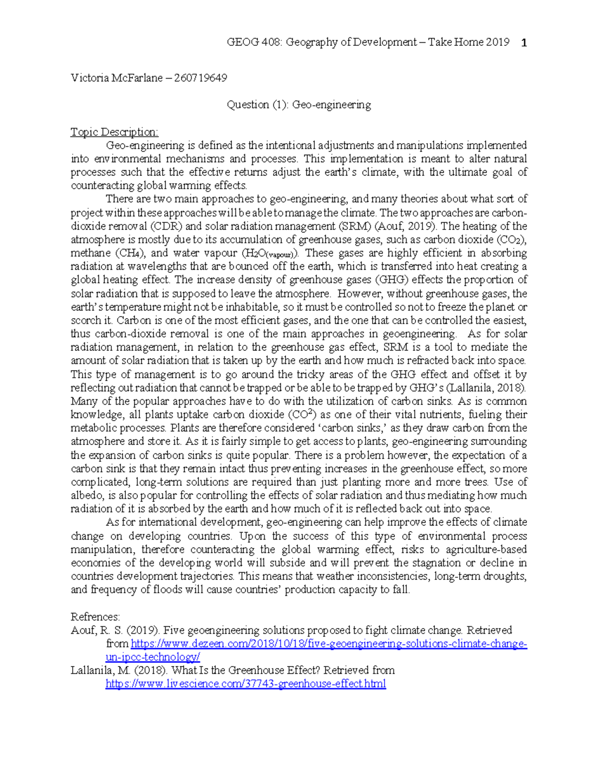 GEOG 408 Draft #1 Final Assignment - Victoria McFarlane – 260719649 ...