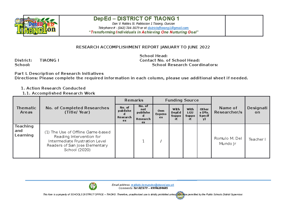 SJES Research Accomplishment Template 2022 - RESEARCH ACCOMPLISHMENT ...