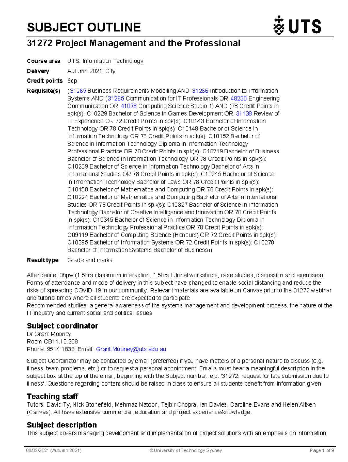 PMP Subject Outline - SUBJECT OUTLINE 31272 Project Management and the ...
