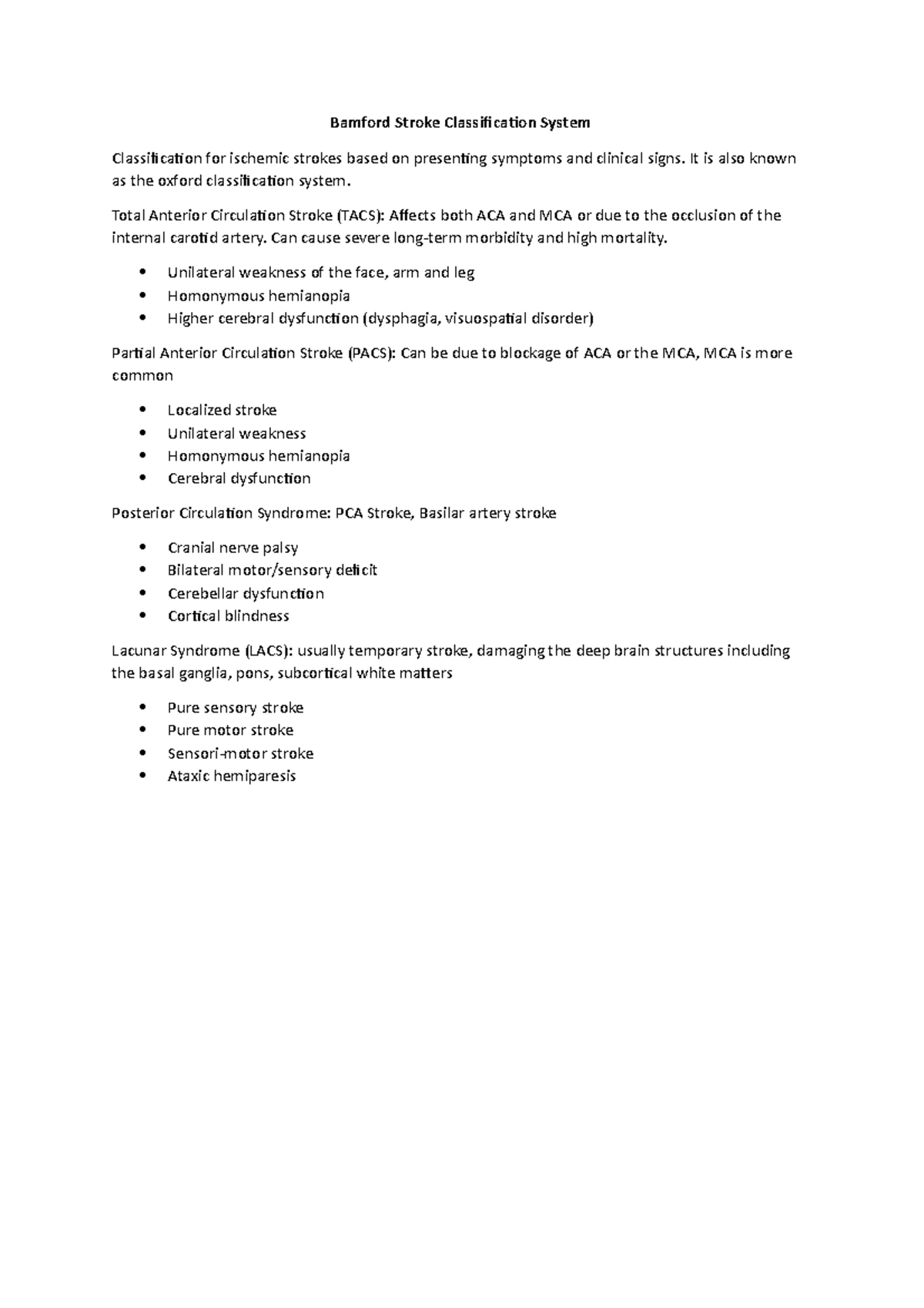 Bamford Stroke Classification System - Bamford Stroke Classification ...