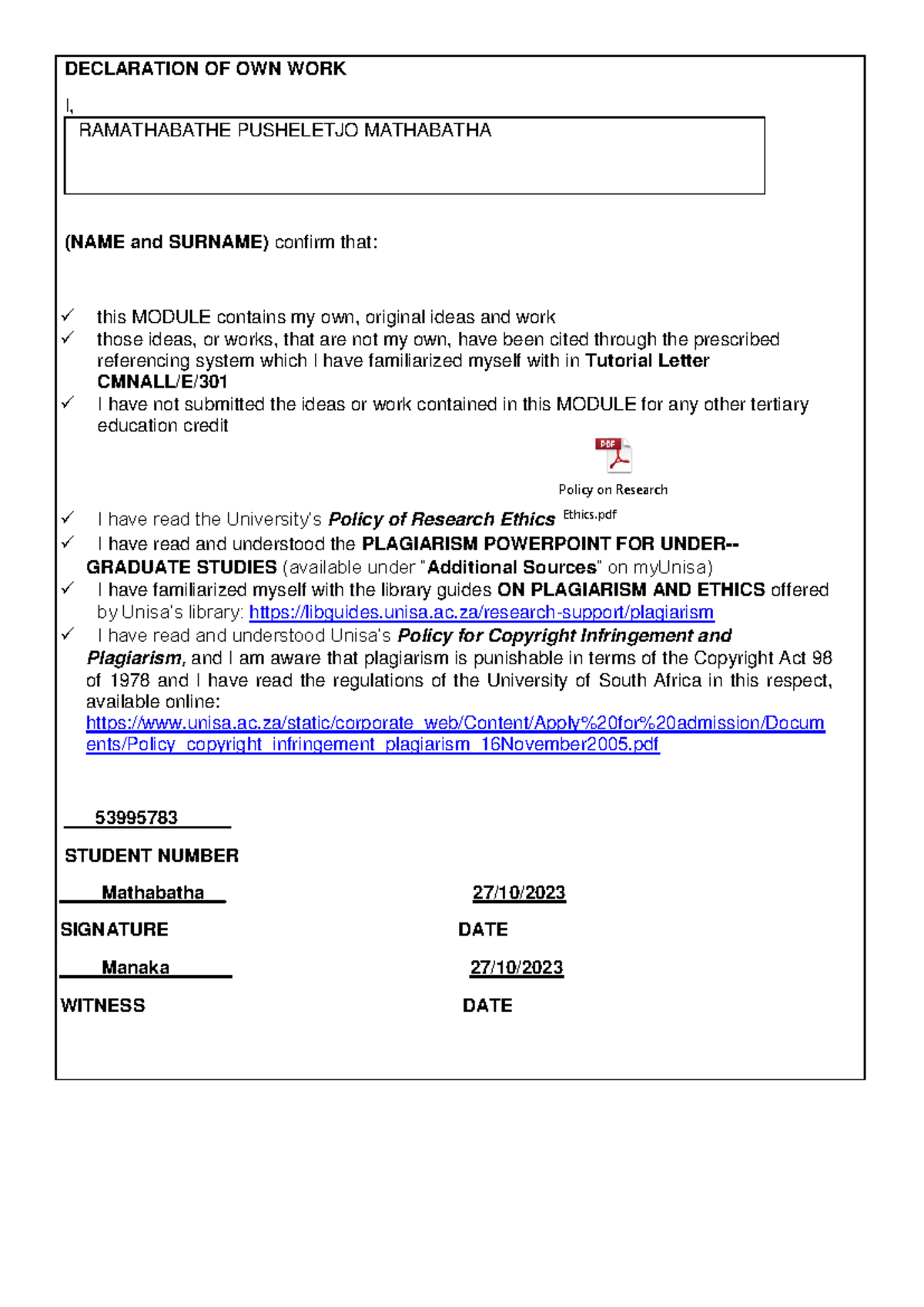 DPR2612 Portfolio EXAM - DECLARATION OF OWN WORK I, RAMATHABATHE ...