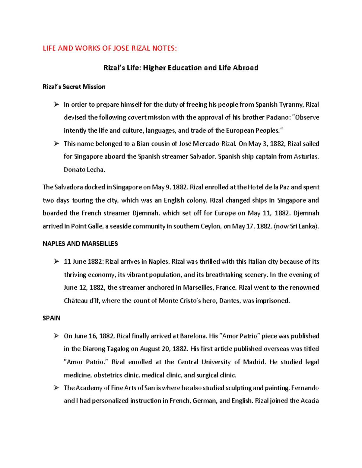 LIFE AND Works OF JOSE Rizal - LIFE AND WORKS OF JOSE RIZAL NOTES ...