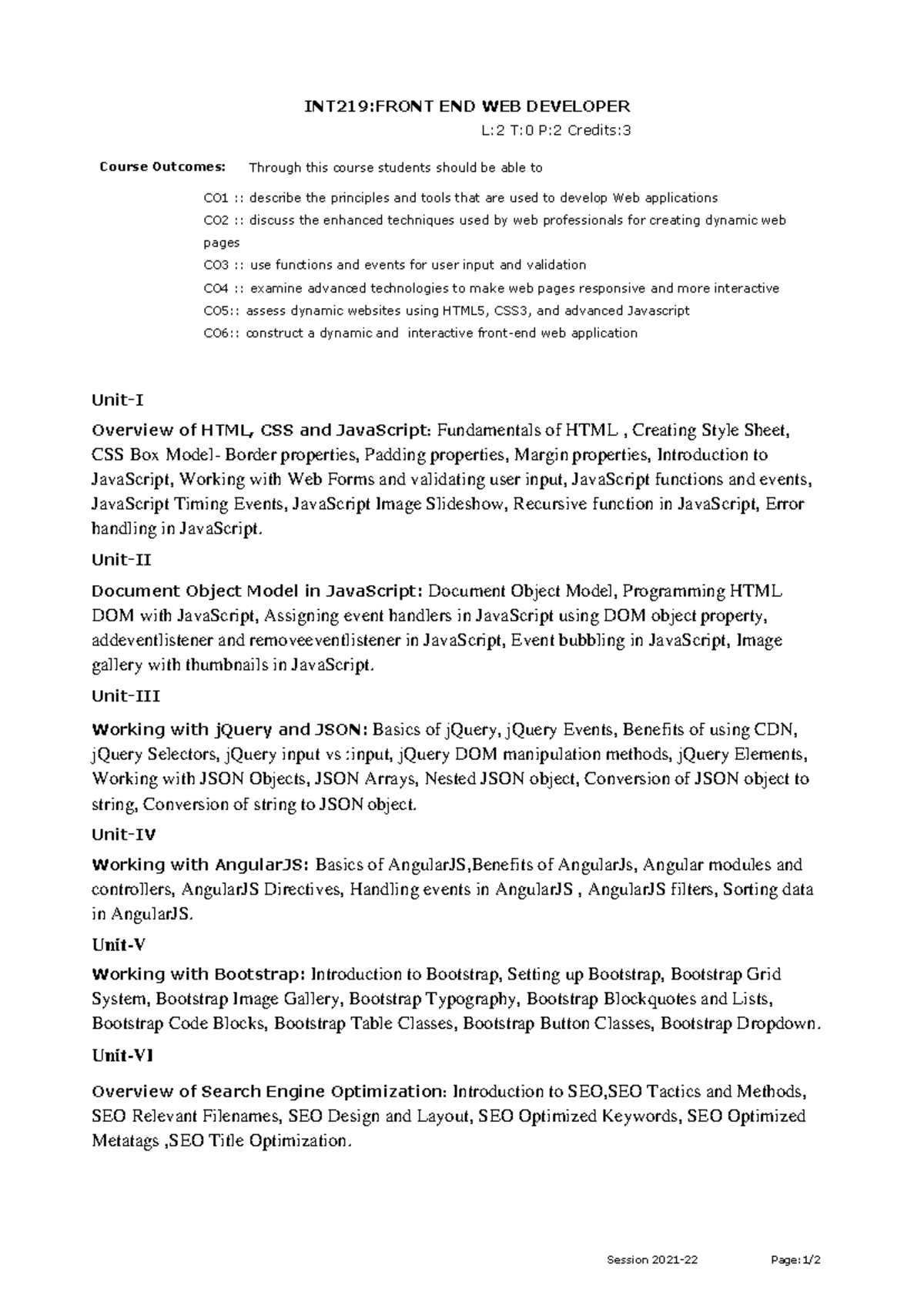 Syllabus For Front End Developer Course Session 2021 22 Page 1