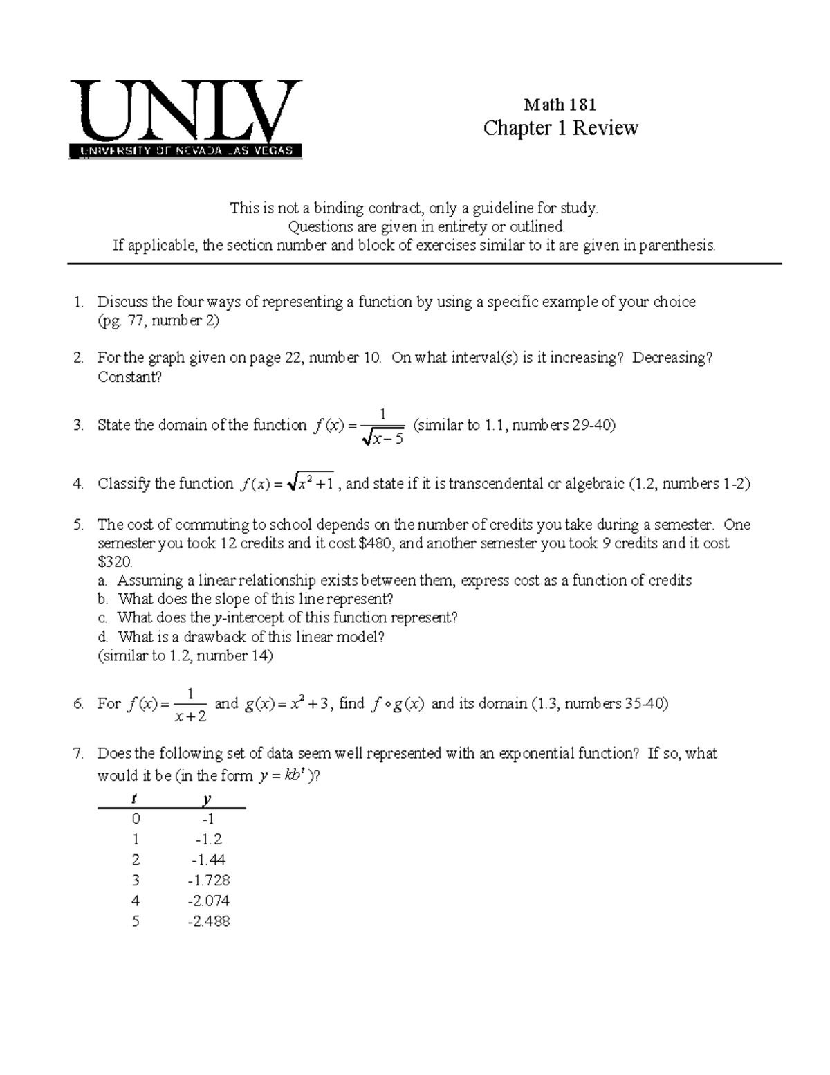 Review 01 math 181 - Math 181 Chapter 1 Review This is not a binding ...