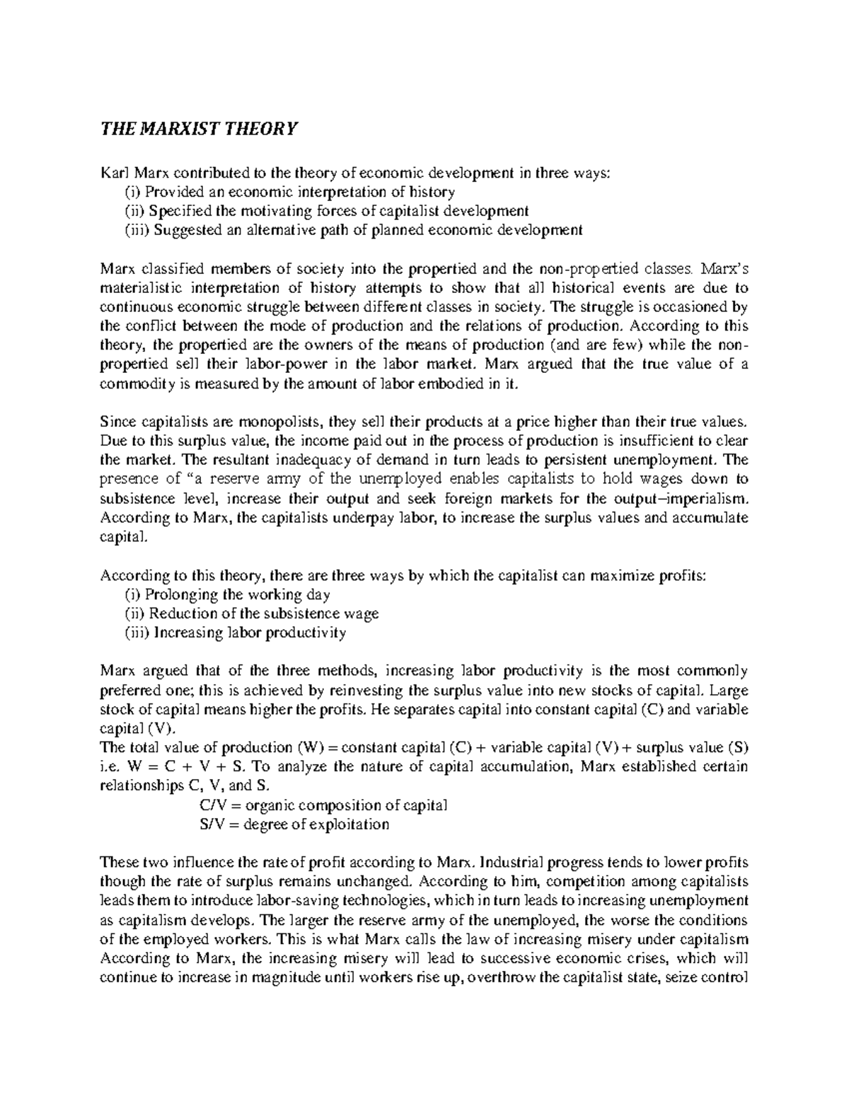 THE Marxist Theory PDF - shortend - THE MARXIST THEORY Karl Marx contributed to the theory of ...