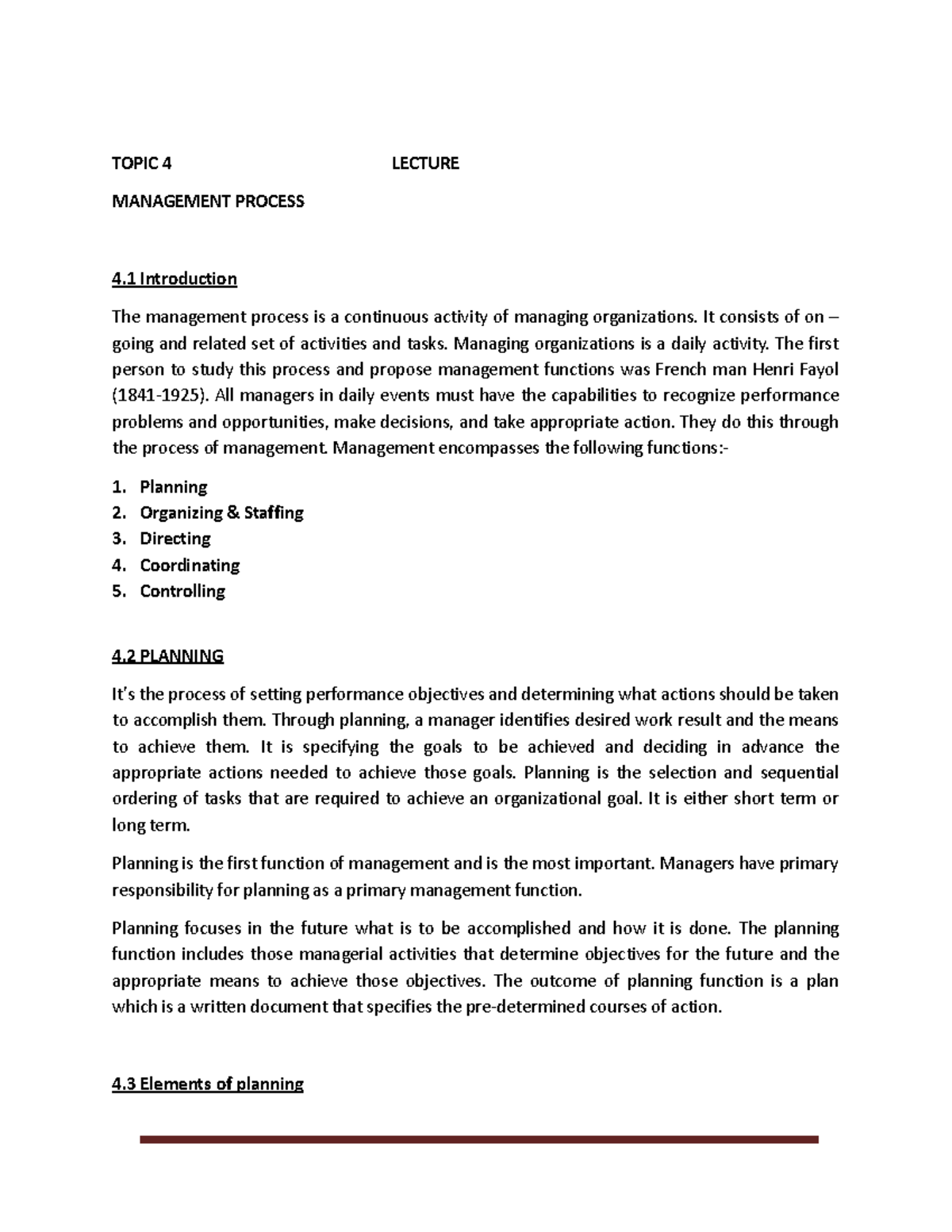 Management Functions (1) - TOPIC 4 LECTURE MANAGEMENT PROCESS 4 ...