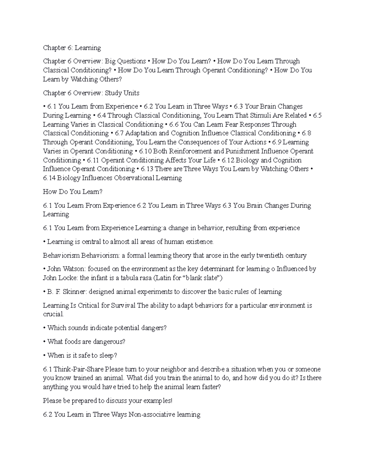 Chp 6 - Lecture notes 6.1-6.14 - Chapter 6: Learning Chapter 6 Overview ...