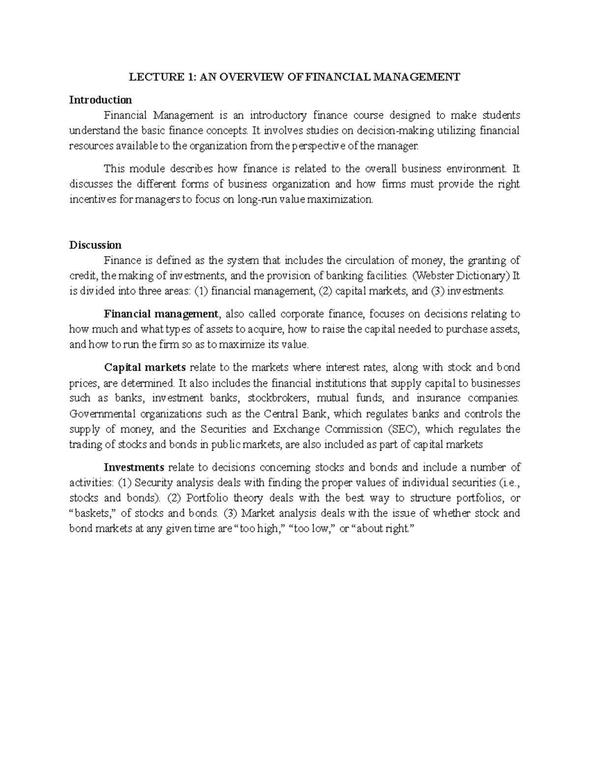 Lecture 1 - An Overview of Financial Management - LECTURE 1: AN ...
