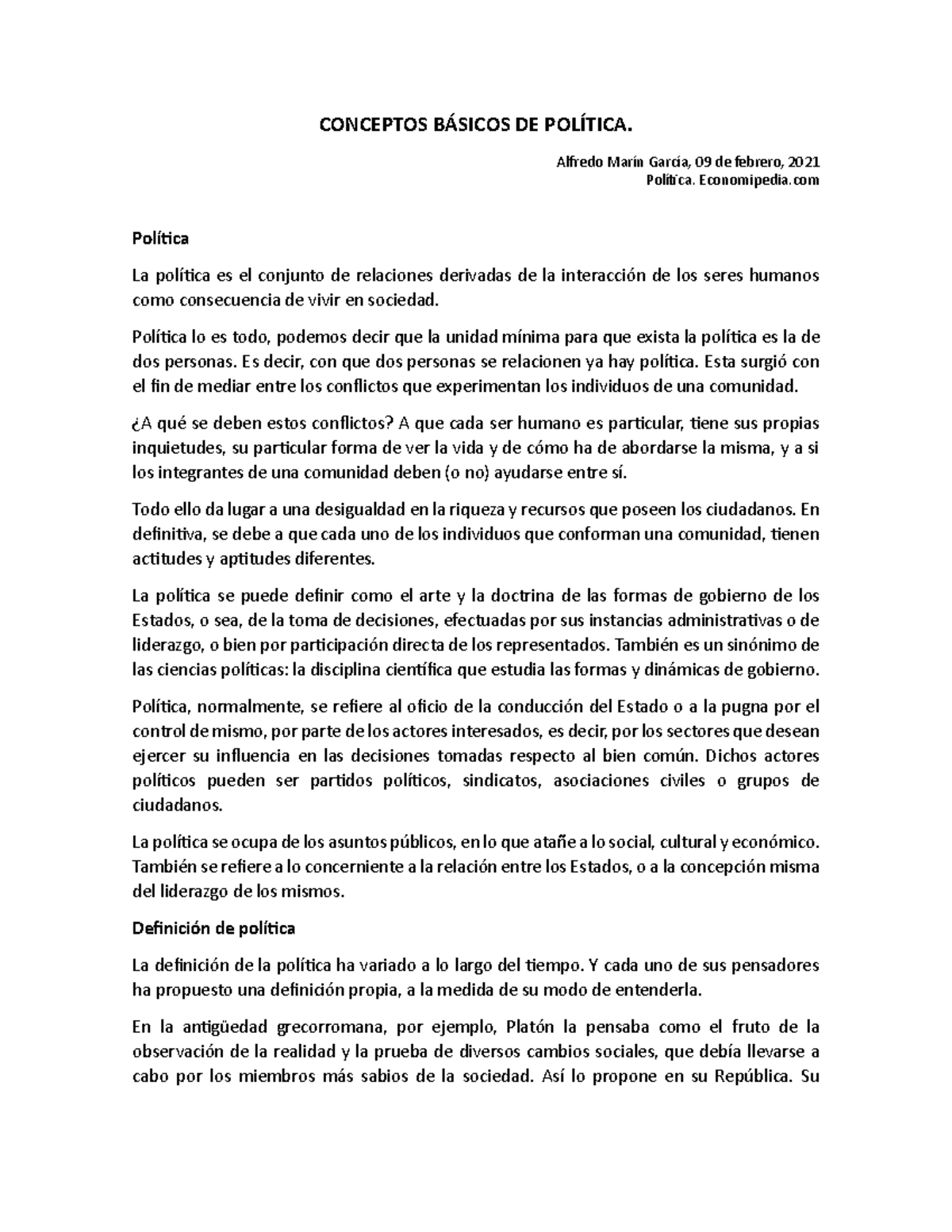 1.1.- Conceptos básicos de política - CONCEPTOS BÁSICOS DE POLÍTICA. Alfredo Marín García, 09 de ...