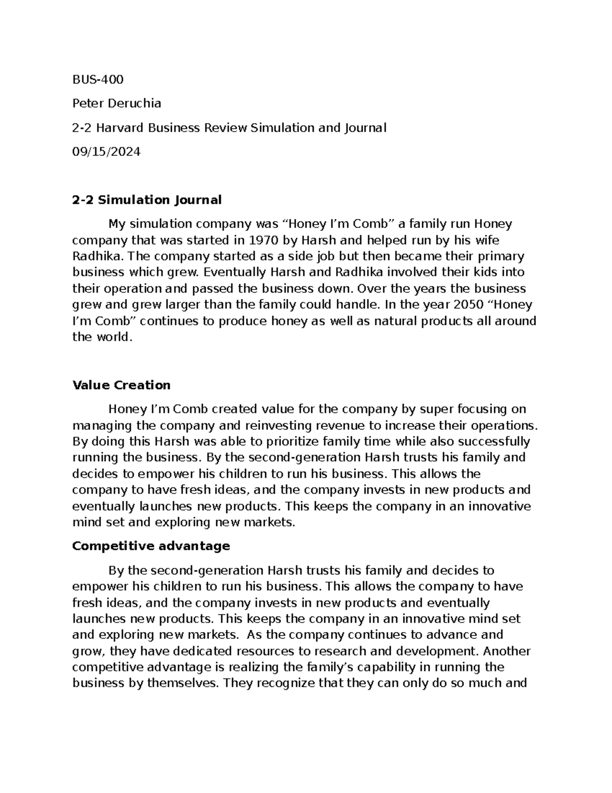 BUS 400 2-2 journal - Peter Deruchia - BUS- Peter Deruchia 2-2 Harvard ...