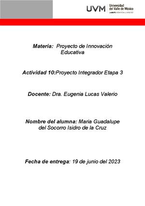 A5 Mgsic - Actividad 5: Proyecto Integrador Etapa 1 - Materia: Proyecto de Innovación Educativa ...