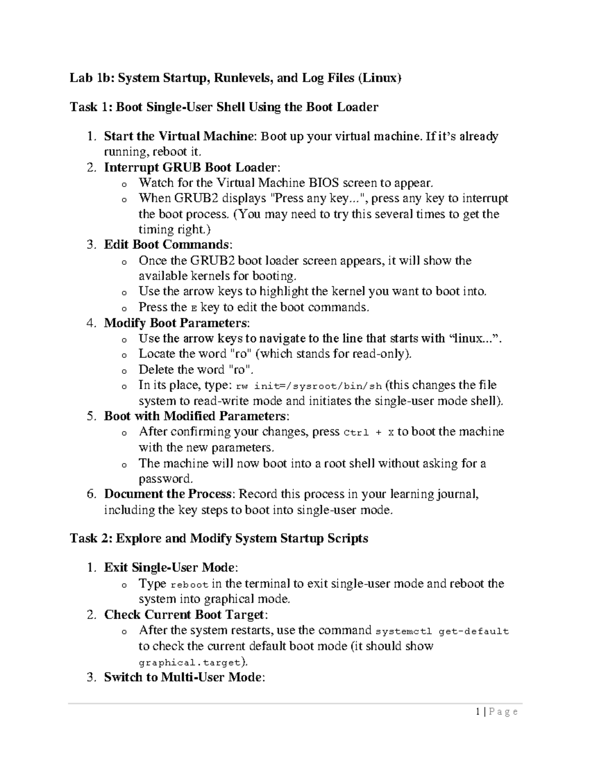 Network Server Lab Sheet - Lab 1b: System Startup, Runlevels, and Log Files (Linux) Task 1: Boot ...