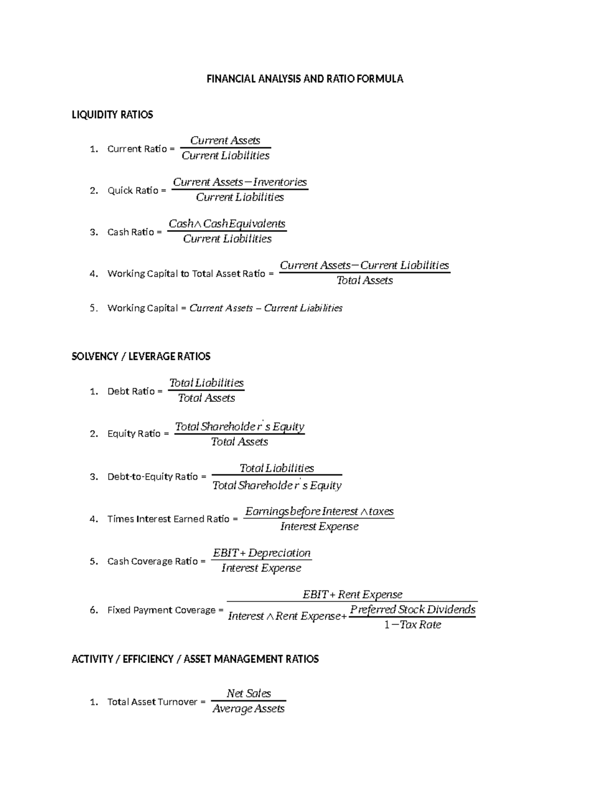 Liquidity Ratios - Summary management advisory service - FINANCIAL ...