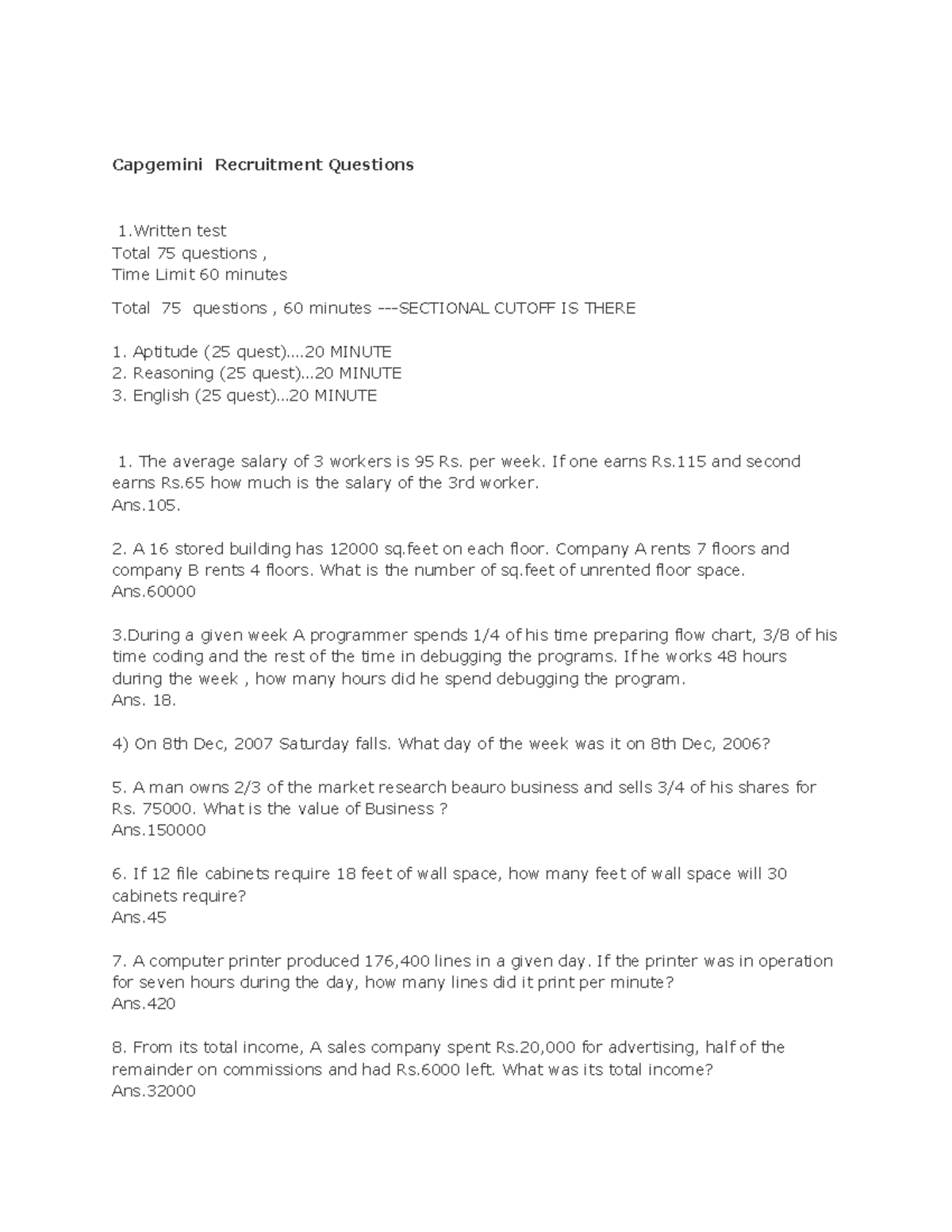 Capgemini Recruitment Questions - .. MINUTE Reasoning (25 quest ...