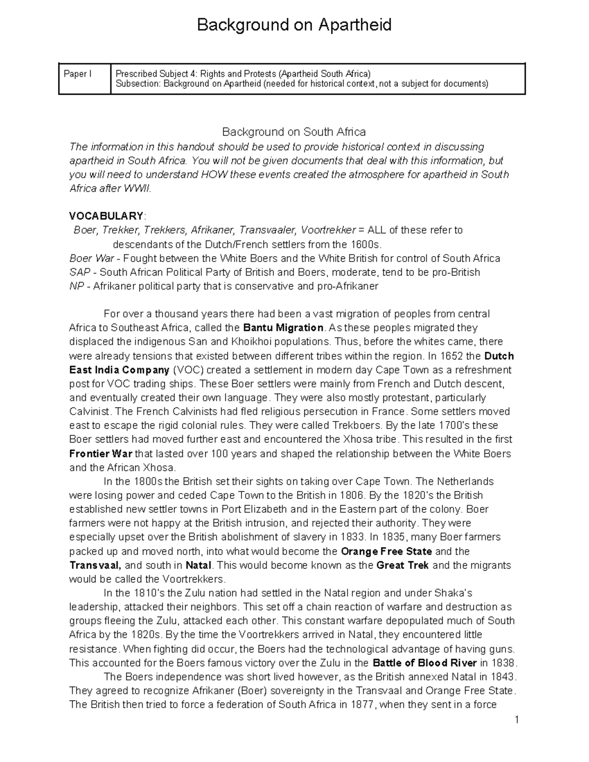 Background on south africa - Paper I Prescribed Subject 4: Rights and ...